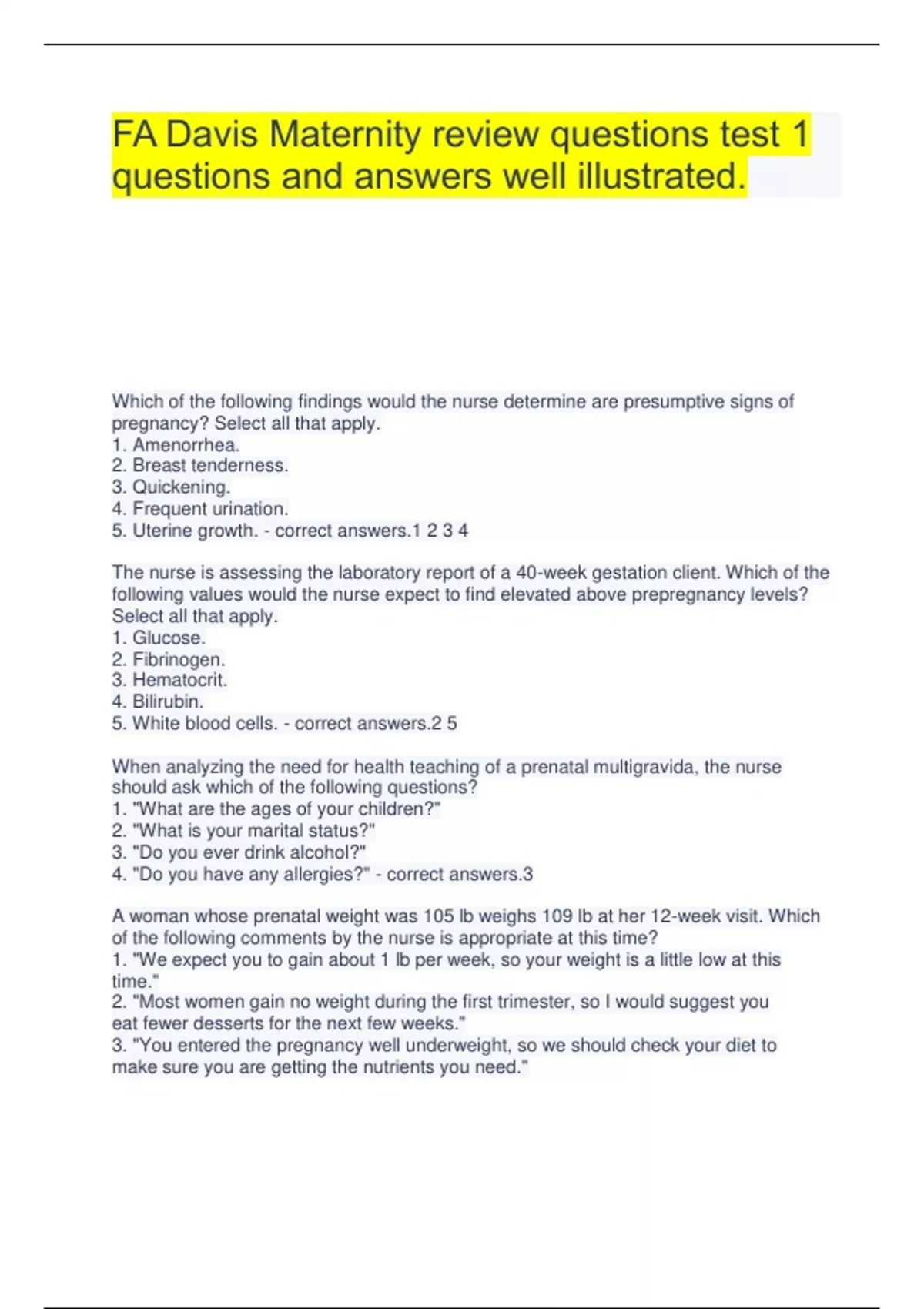 FA Davis Maternity review questions test 1 questions and answers well ...
