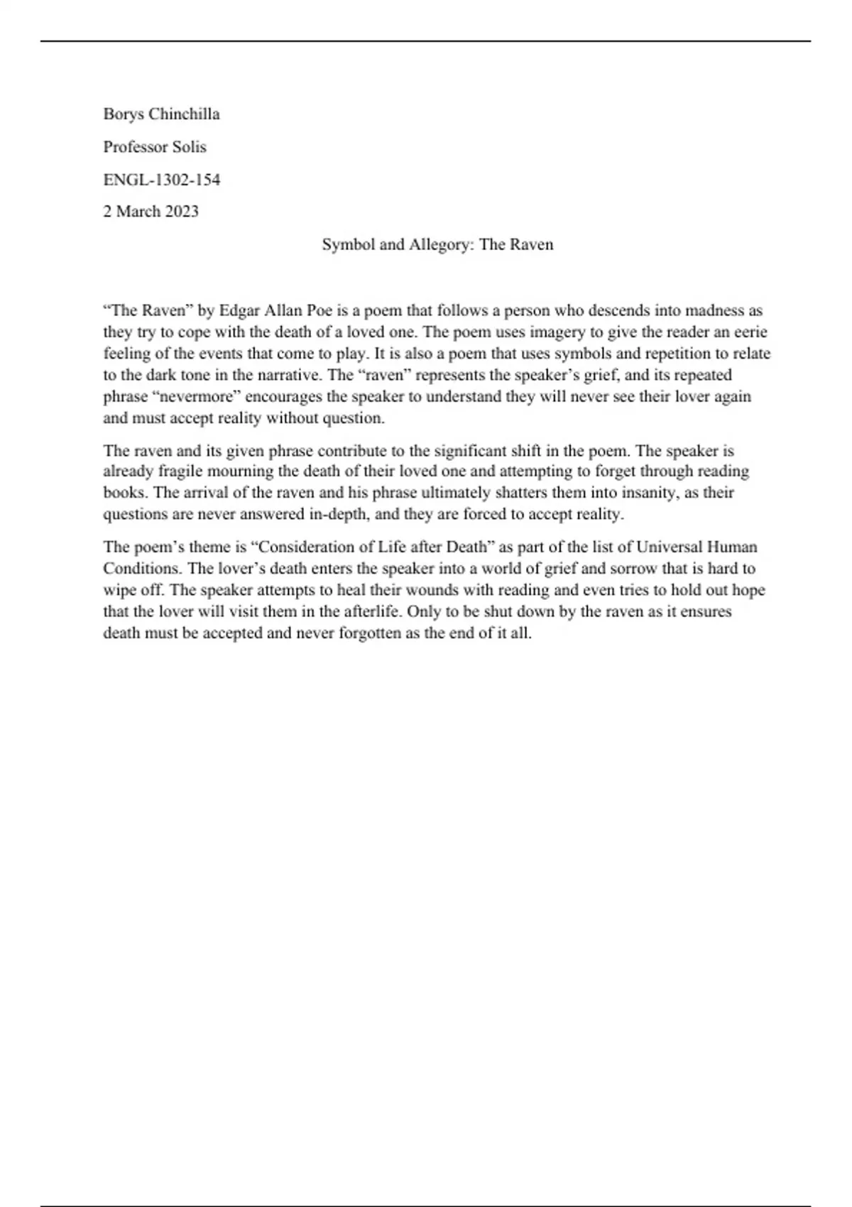 Summary "The Raven" by Edgar Allan Poe, Symbol and Allegory - ENGL 1302 ...