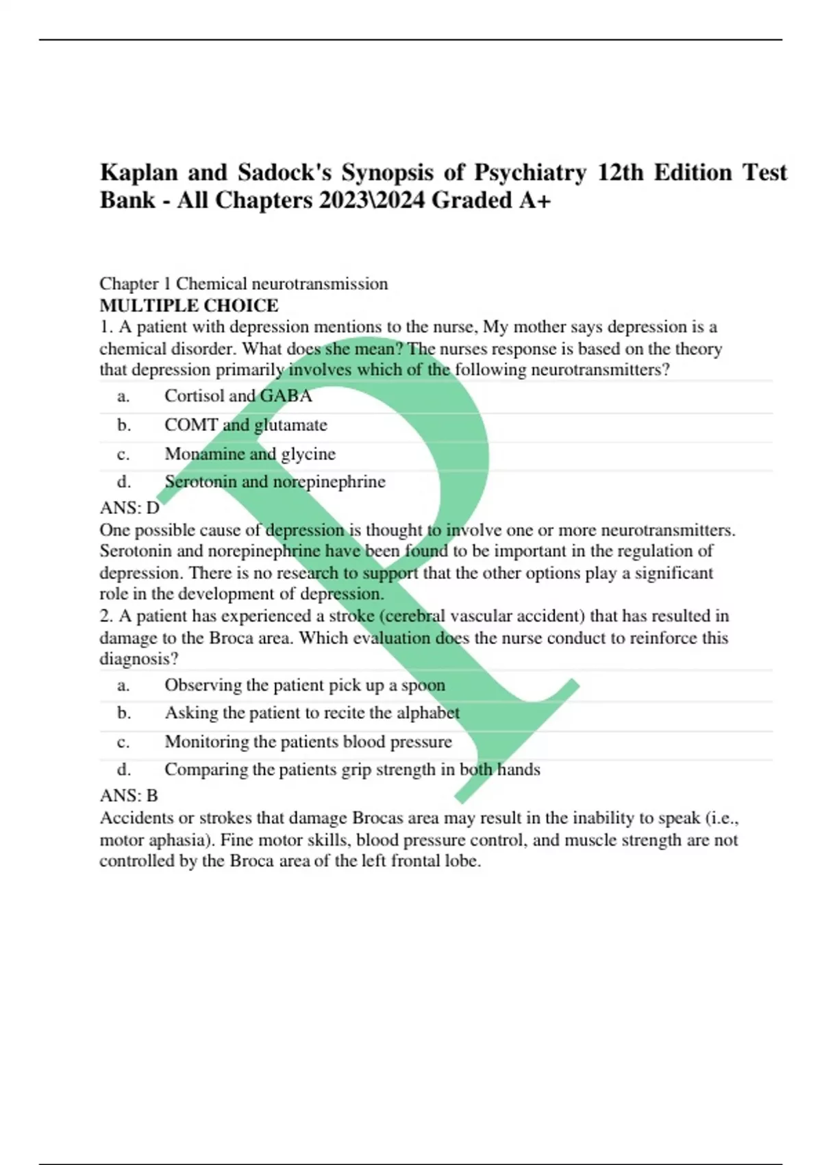 Kaplan and Sadock's Synopsis of Psychiatry 12th Edition Test Bank - All ...