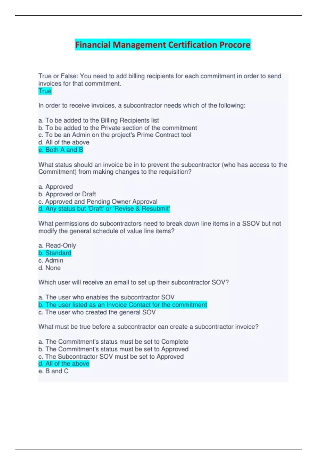2023 Financial Management Procore Certification - Questions and Answers ...
