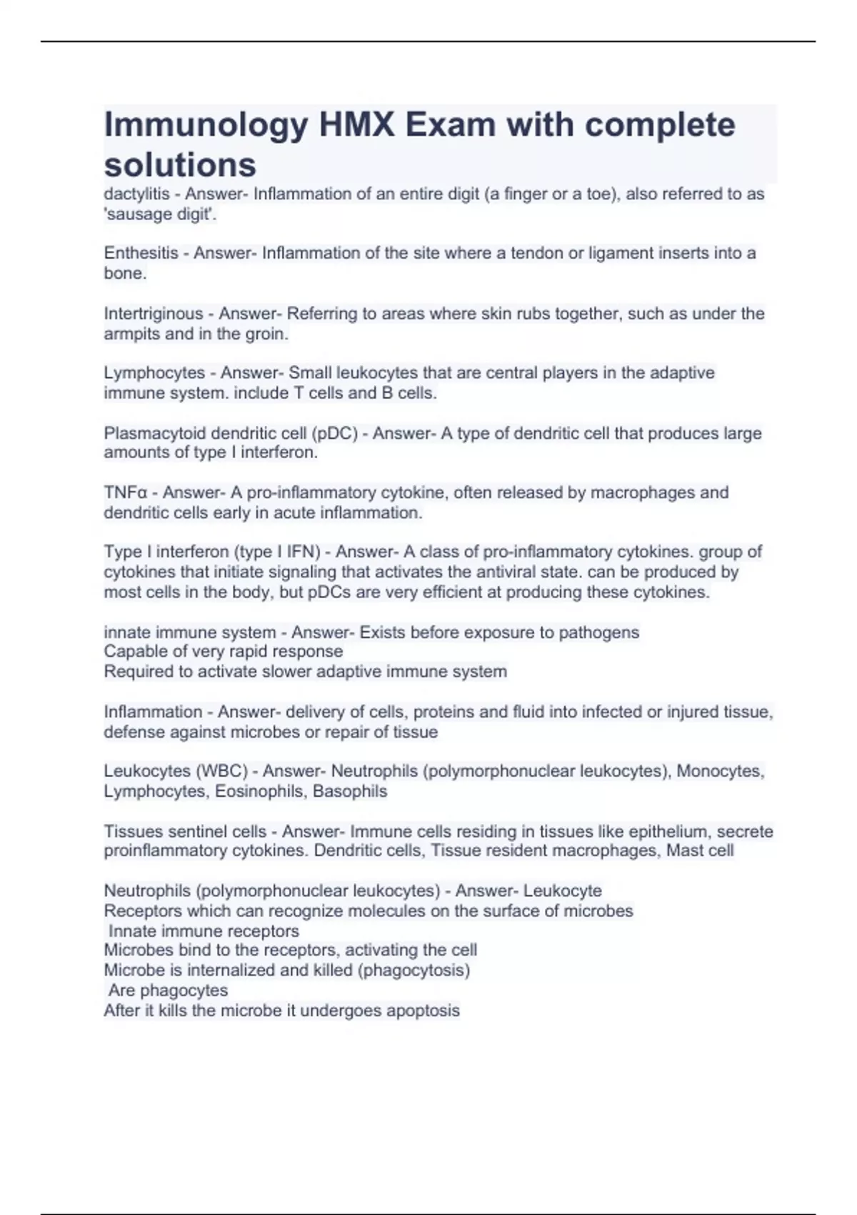 Immunology HMX Exam with complete solutions - Immunology HMX - Stuvia US