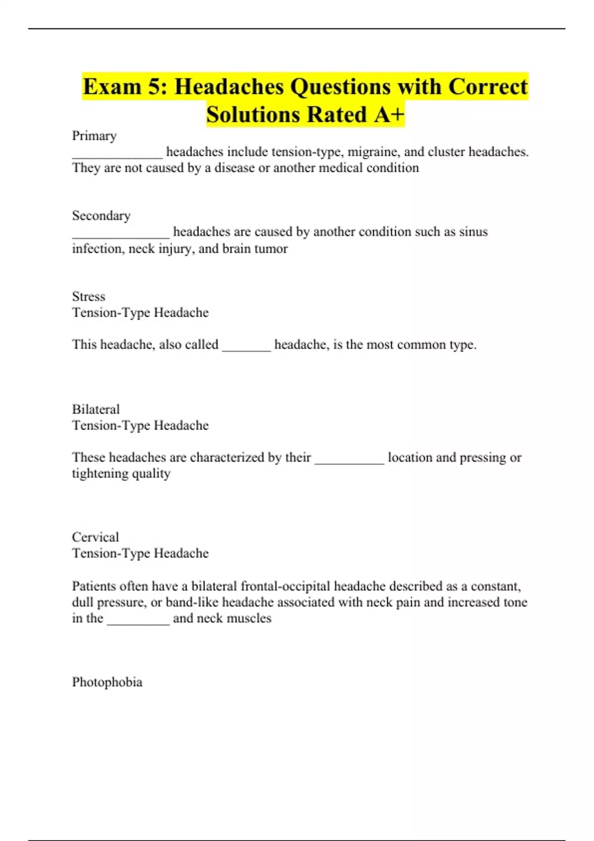 Exam 5: Headaches Questions with Correct Solutions Rated A+ - Headaches ...