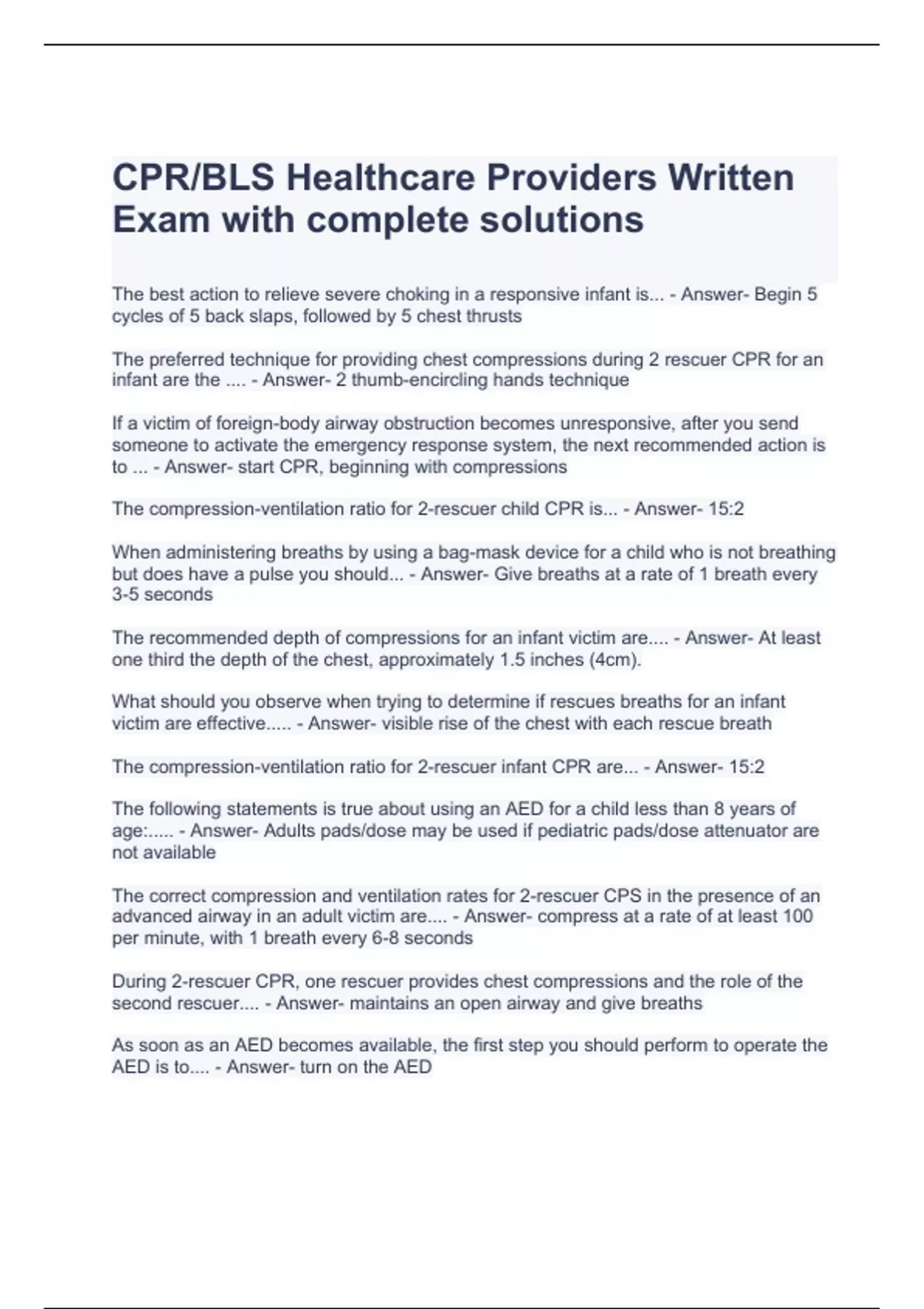 CPR/BLS Healthcare Providers Written Exam with complete solutions - CPR ...