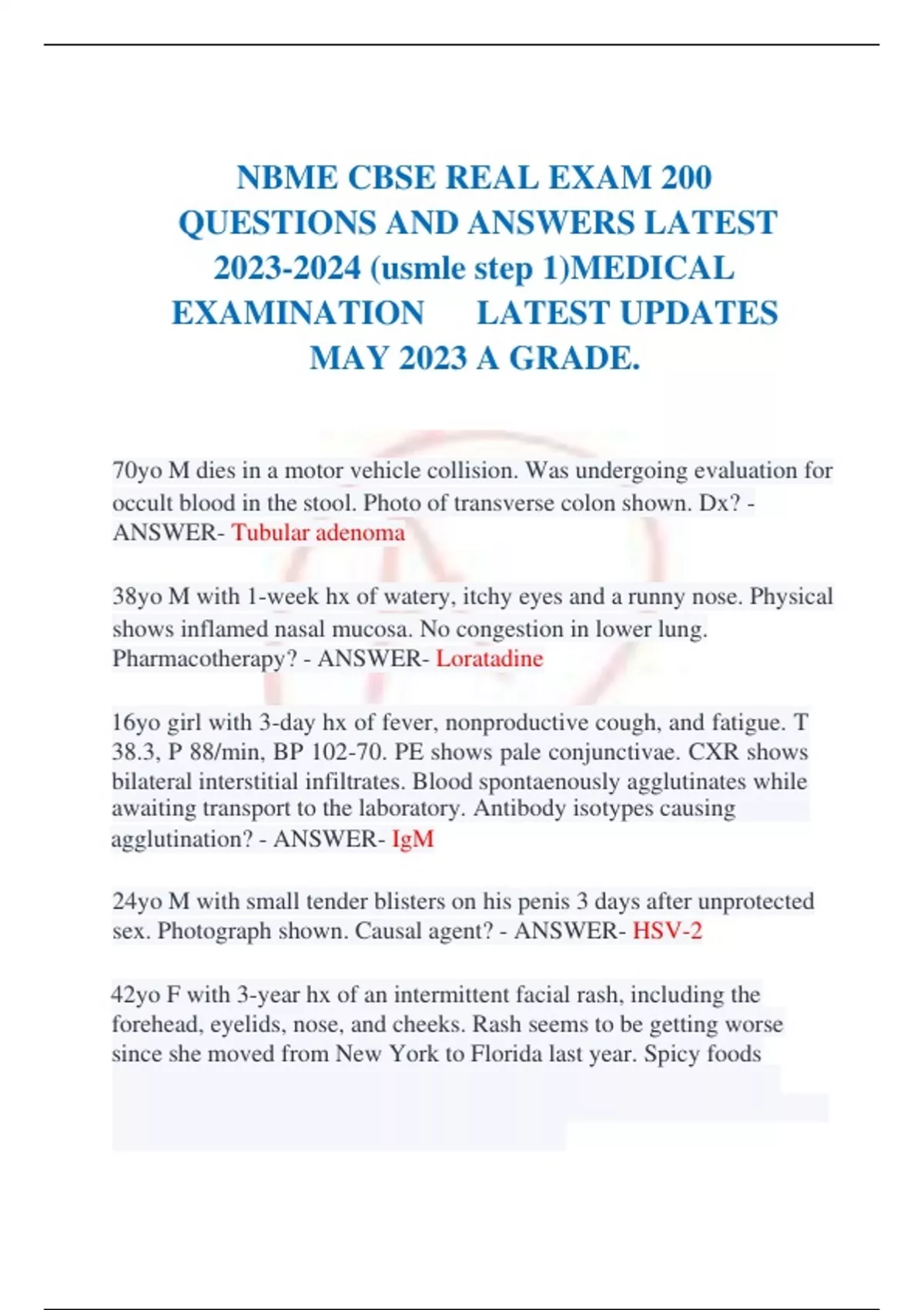 NBME CBSE REAL EXAM 200 QUESTIONS AND ANSWERS LATEST (usmle step 1 ...