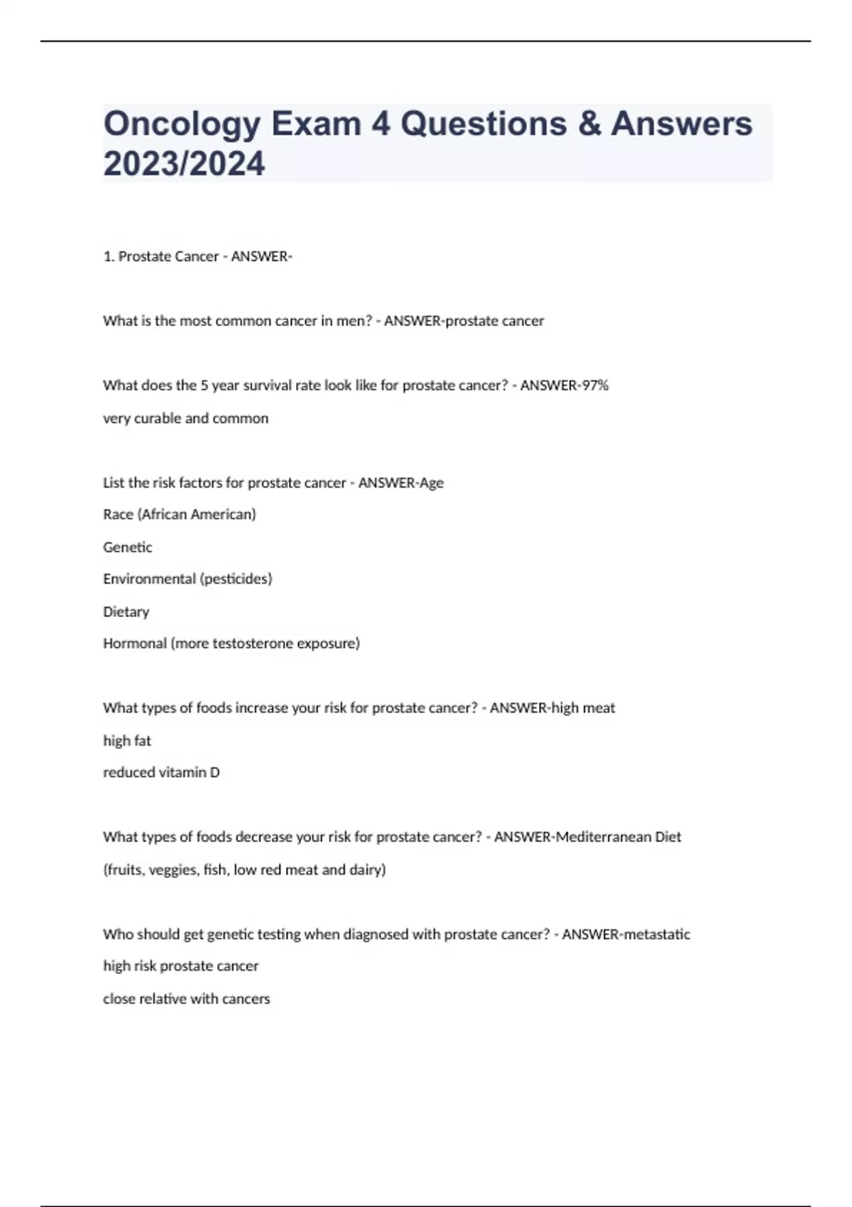 Oncology Exam 4 Questions & Answers 2023/2024 - Oncology - Stuvia US