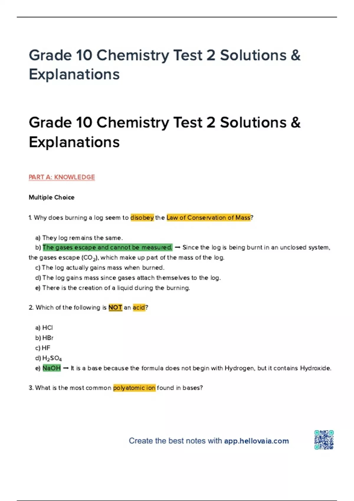 Grade 10 Chemistry Test 1 & 2 Solutions & Explanations - SNC2D ...