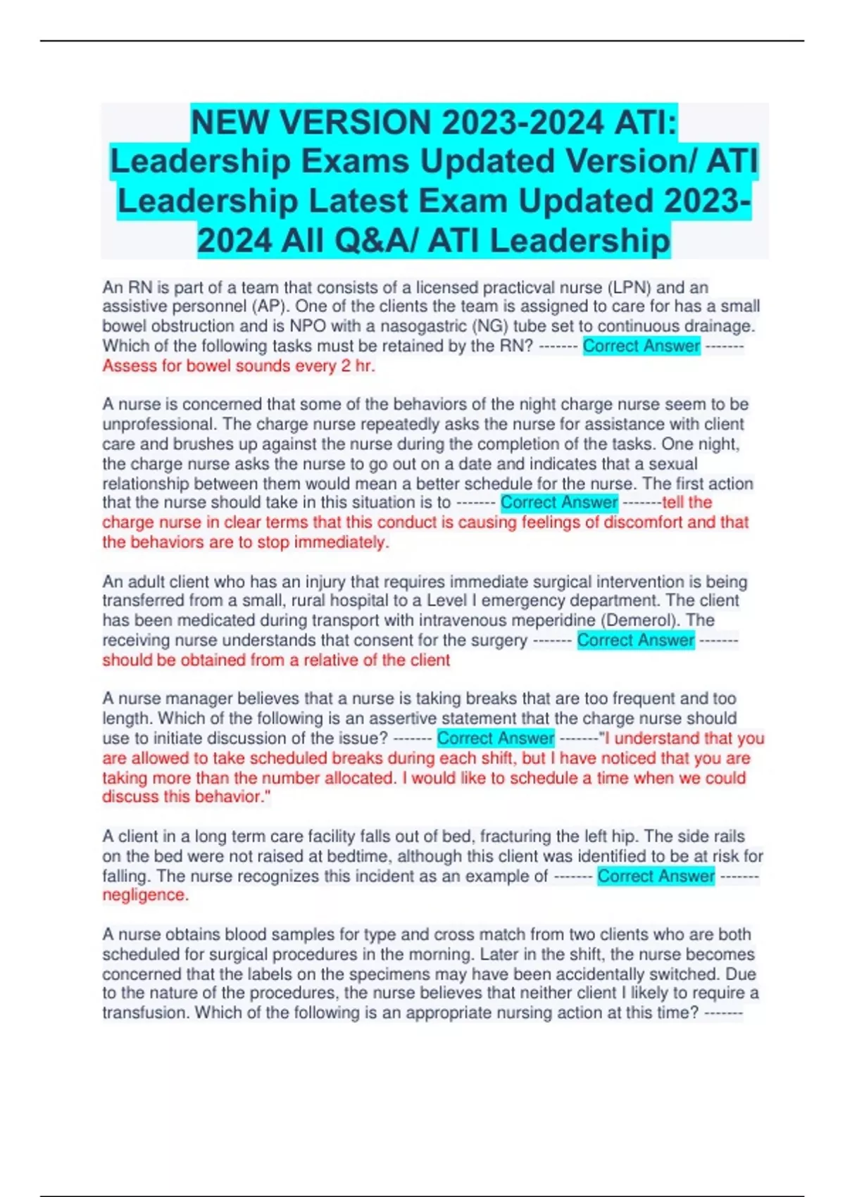 ATI Leadership Exams Updated Version 2024 All Q&A - ATI LEADERSHIP ...