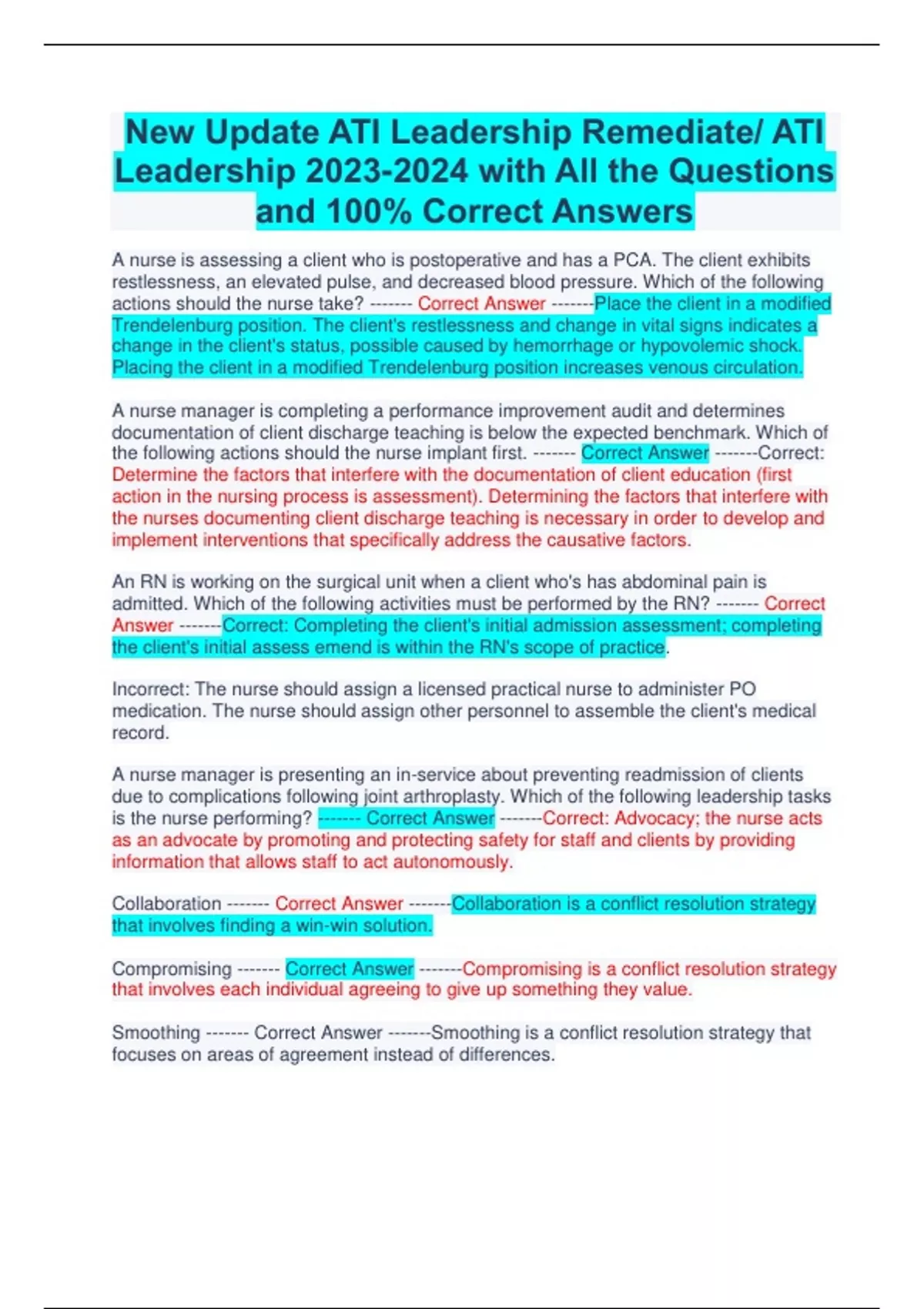 New Update ATI Leadership Remediate with All the Questions and Correct ...