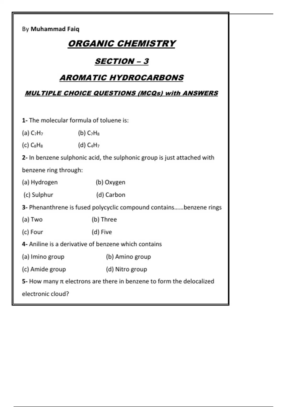 Organic Chemistry Aromatic hydrocarbons MCQs with answers - ECAT ...