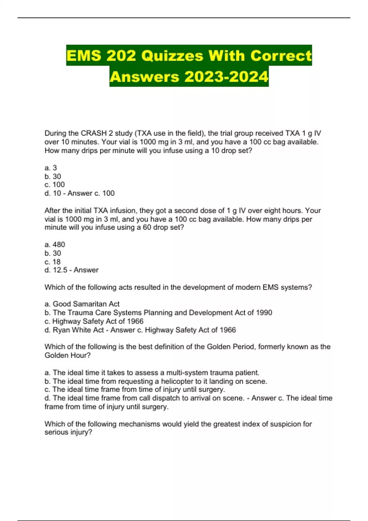 EMS 202 Quizzes With Correct Answers - EMS 202 - Stuvia US