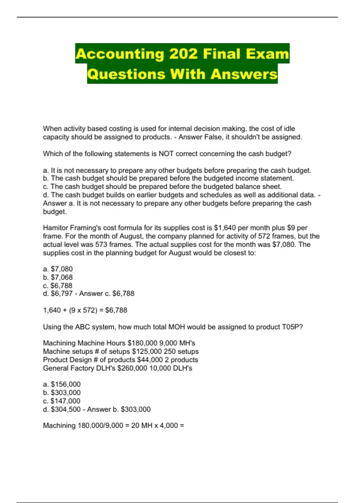 Accounting 202 Final Exam Questions With Answers - Accounting 202 - Stuvia US