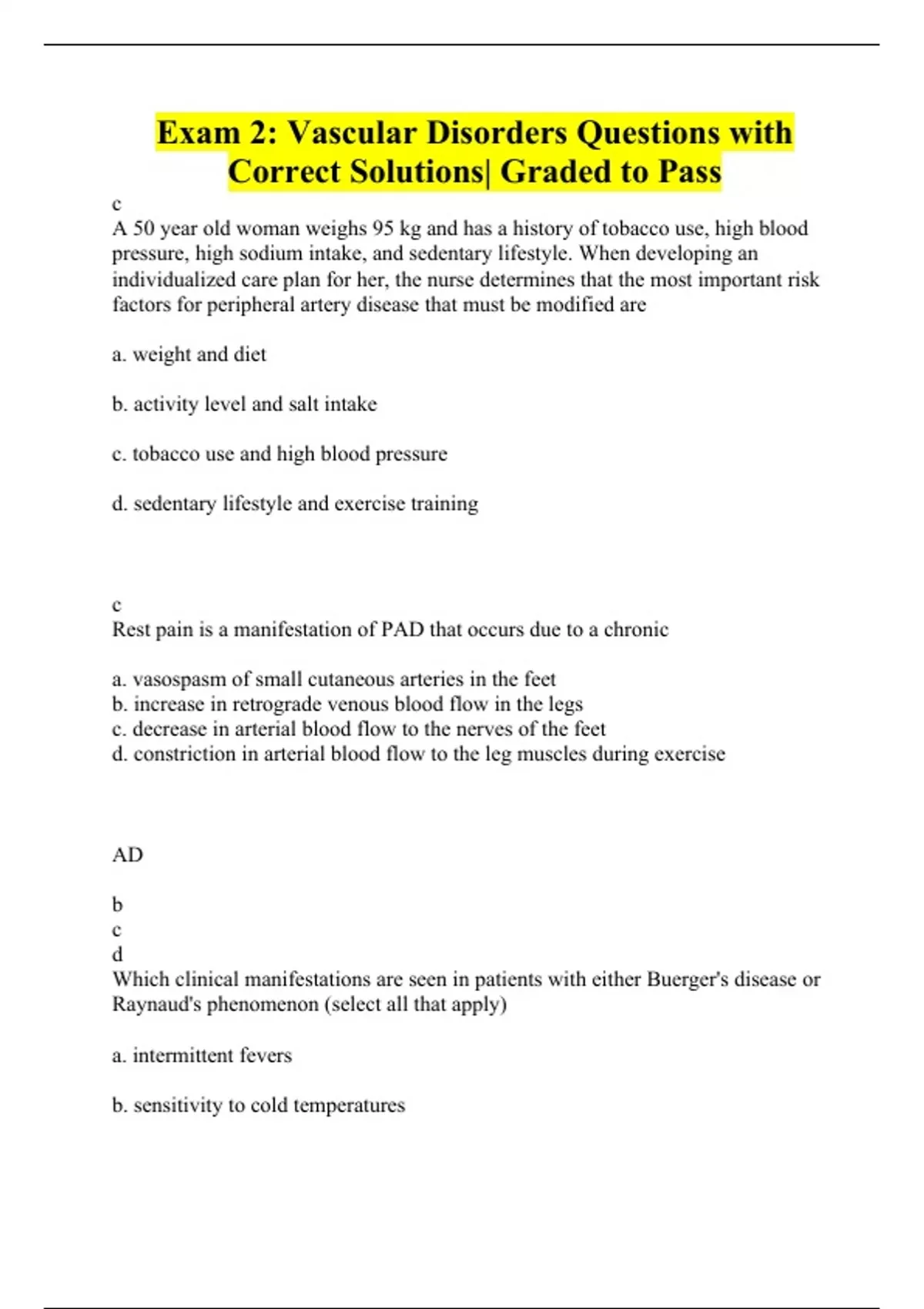 Exam 2: Vascular Disorders Questions with Correct Solutions| Graded to ...