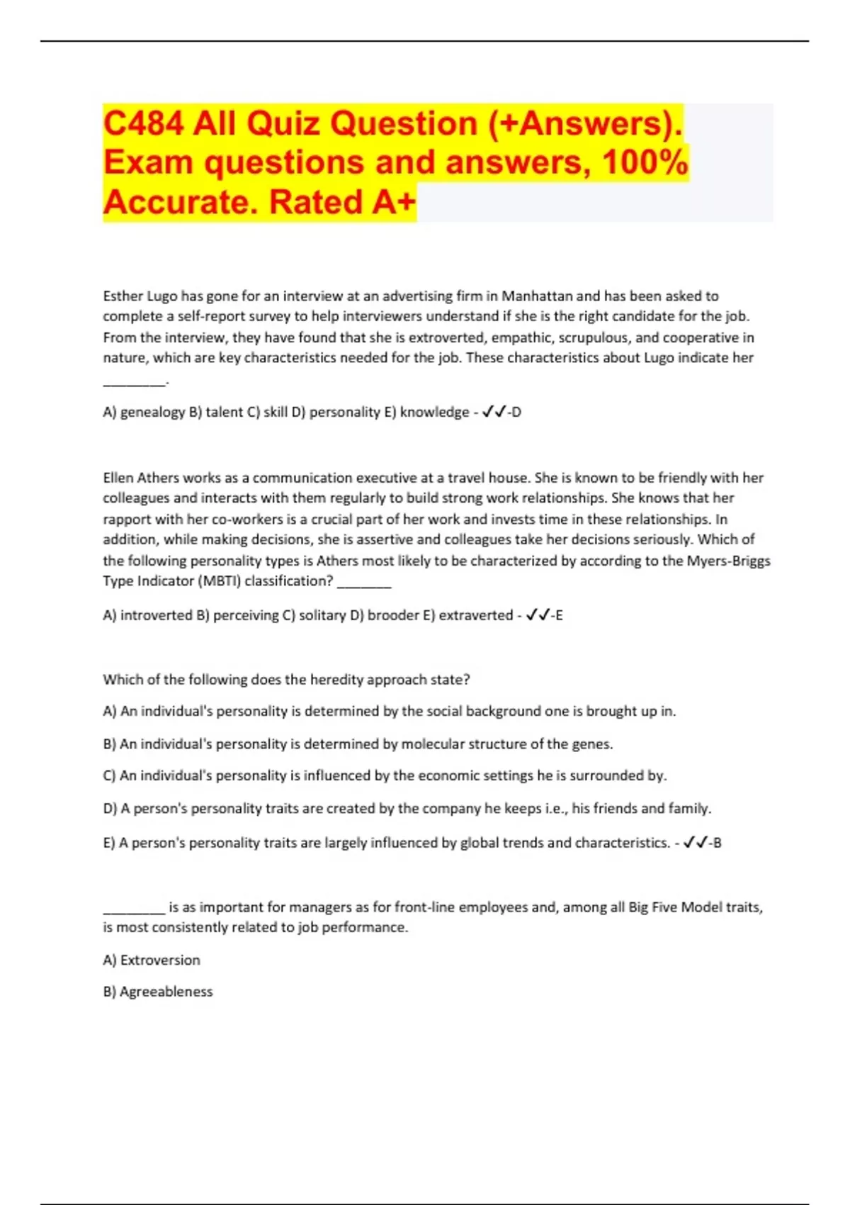C484 All Quiz Question (+Answers). Exam questions and answers, 100% ...