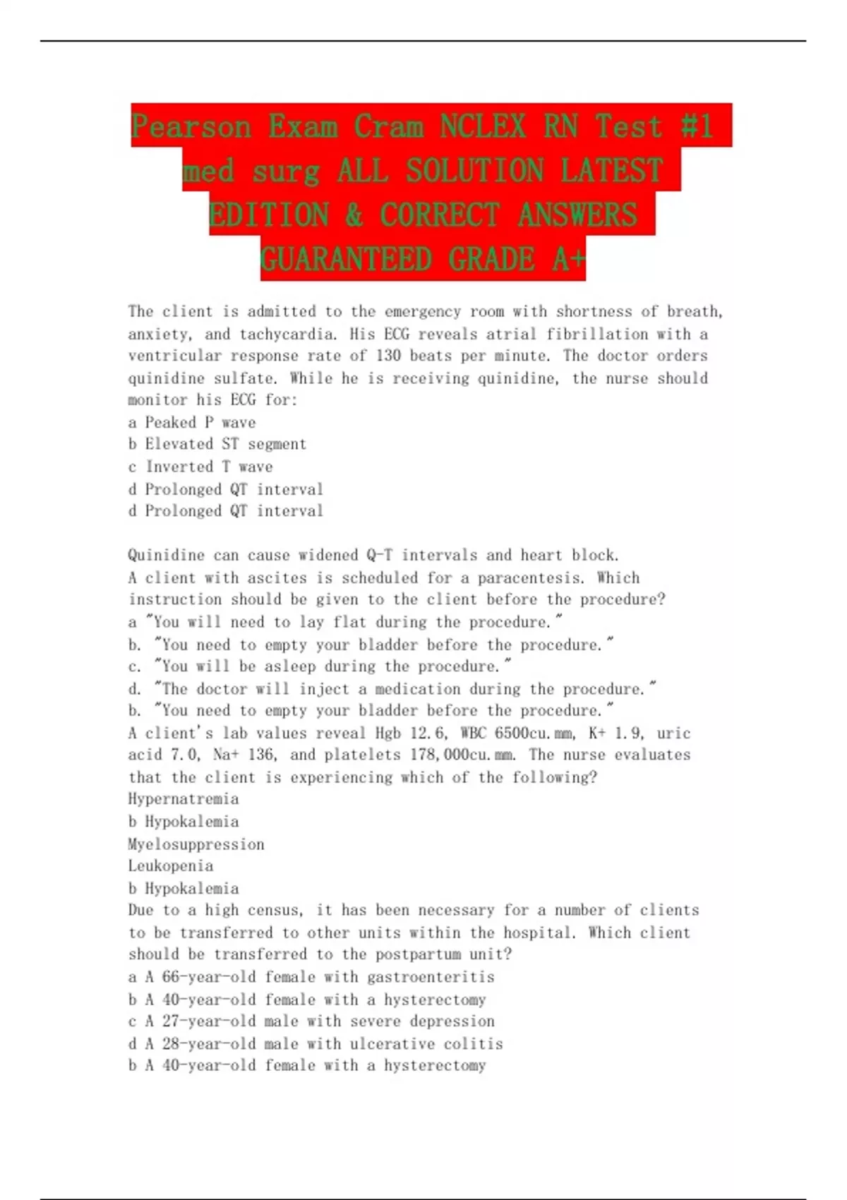 Pearson Exam Cram NCLEX RN Test #1 med surg ALL SOLUTION LATEST EDITION ...