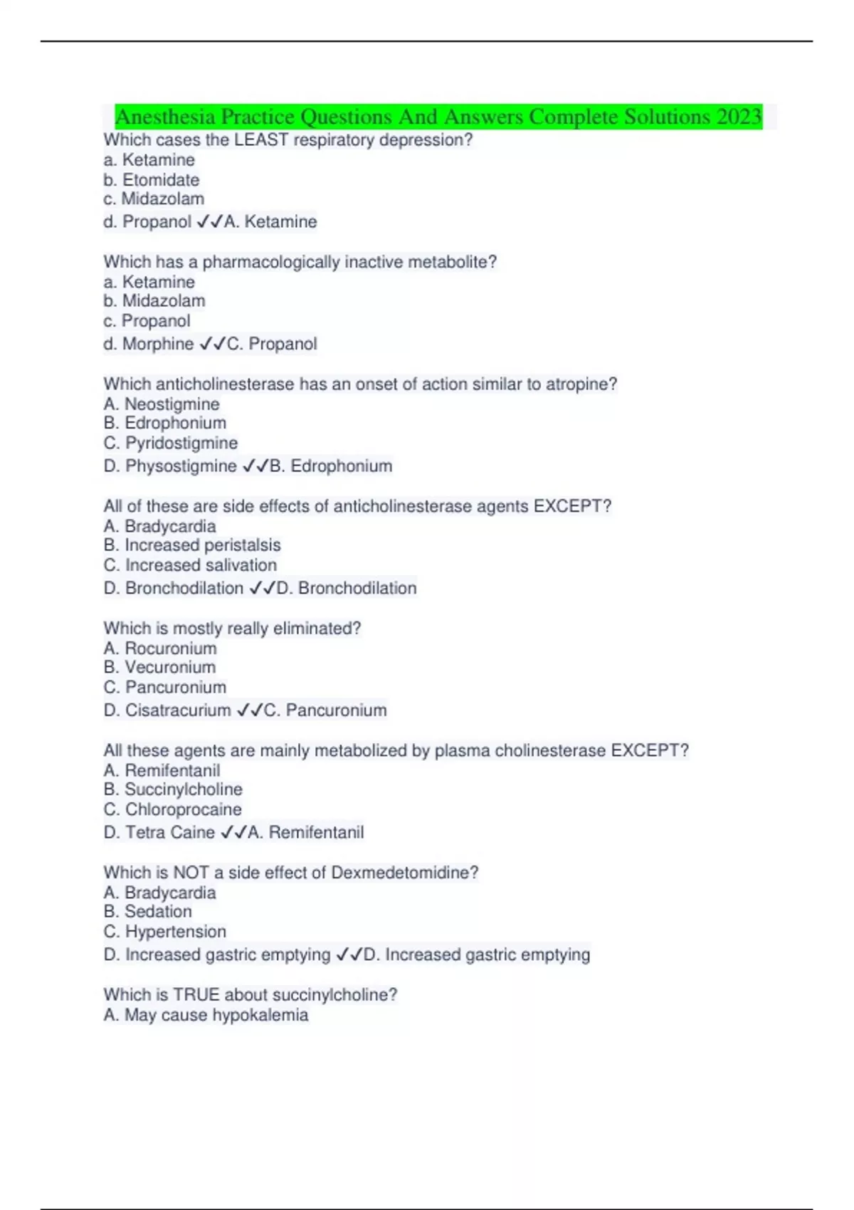Anesthesia Practice Questions And Answers Complete Solutions 2023 ...