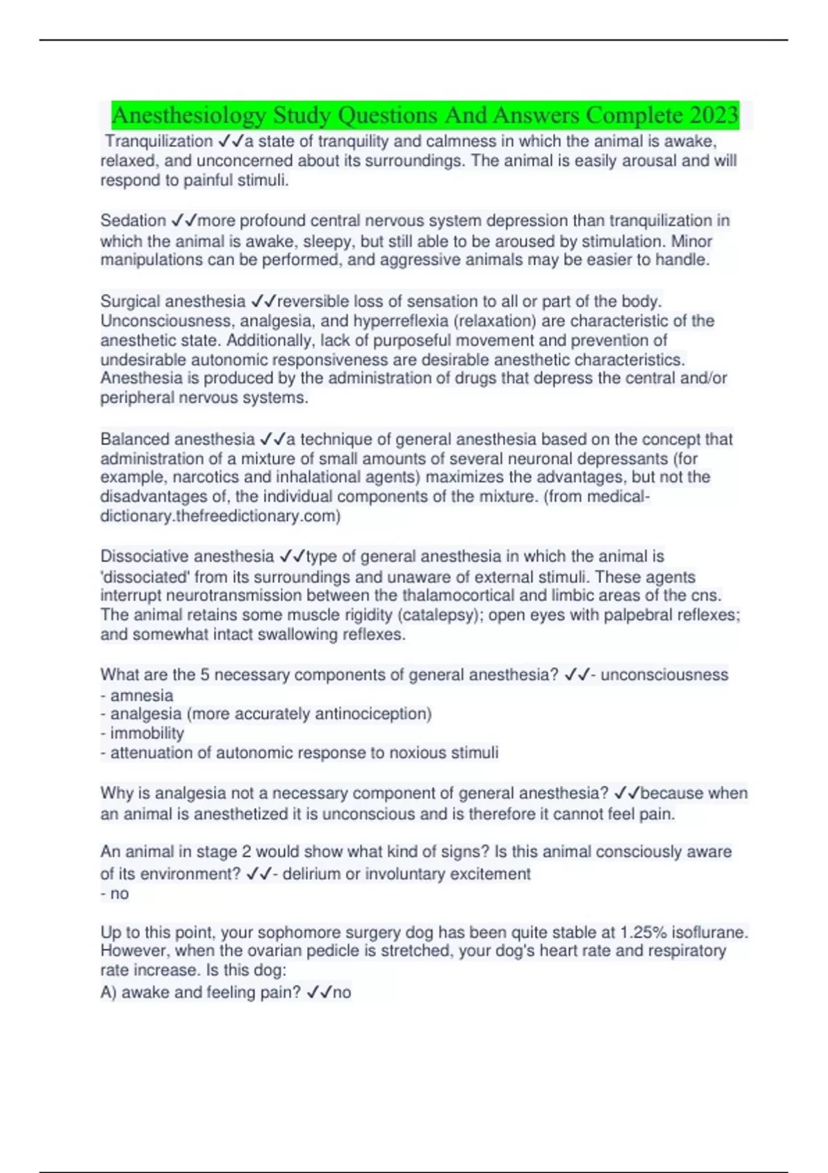 Anesthesiology Study Questions And Answers Complete 2023 ...