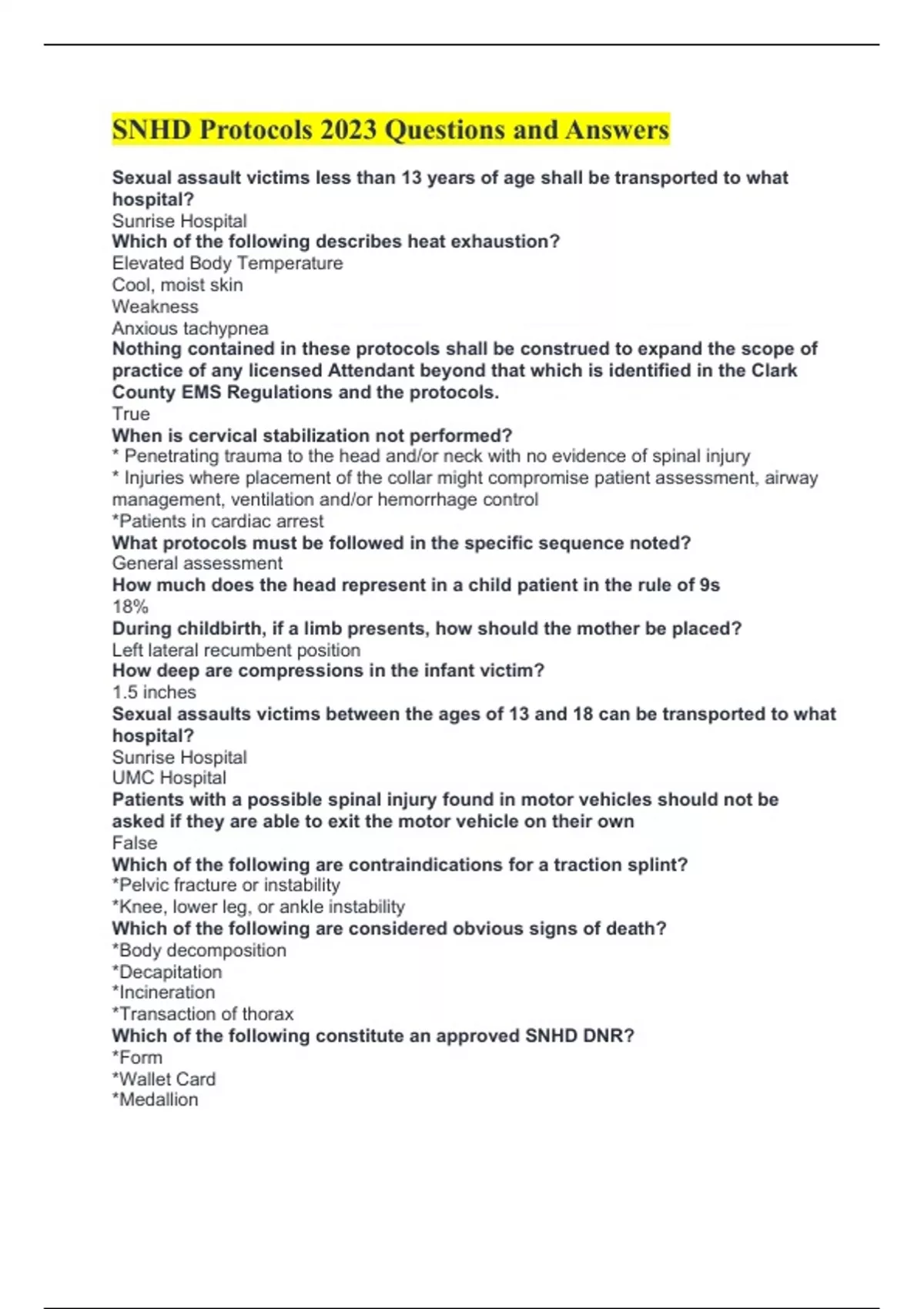 SNHD Protocols 2023 Questions and Answers - SNHD - Stuvia US