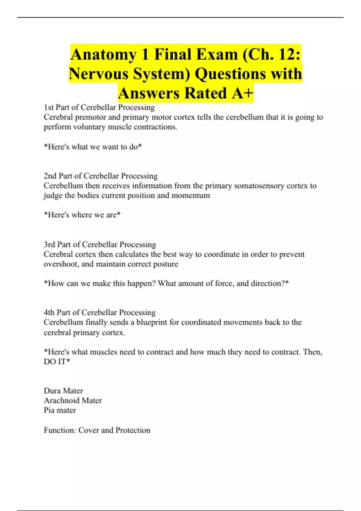 Anatomy 1 Final Exam (Ch. 12: Nervous System) Questions with Answers ...