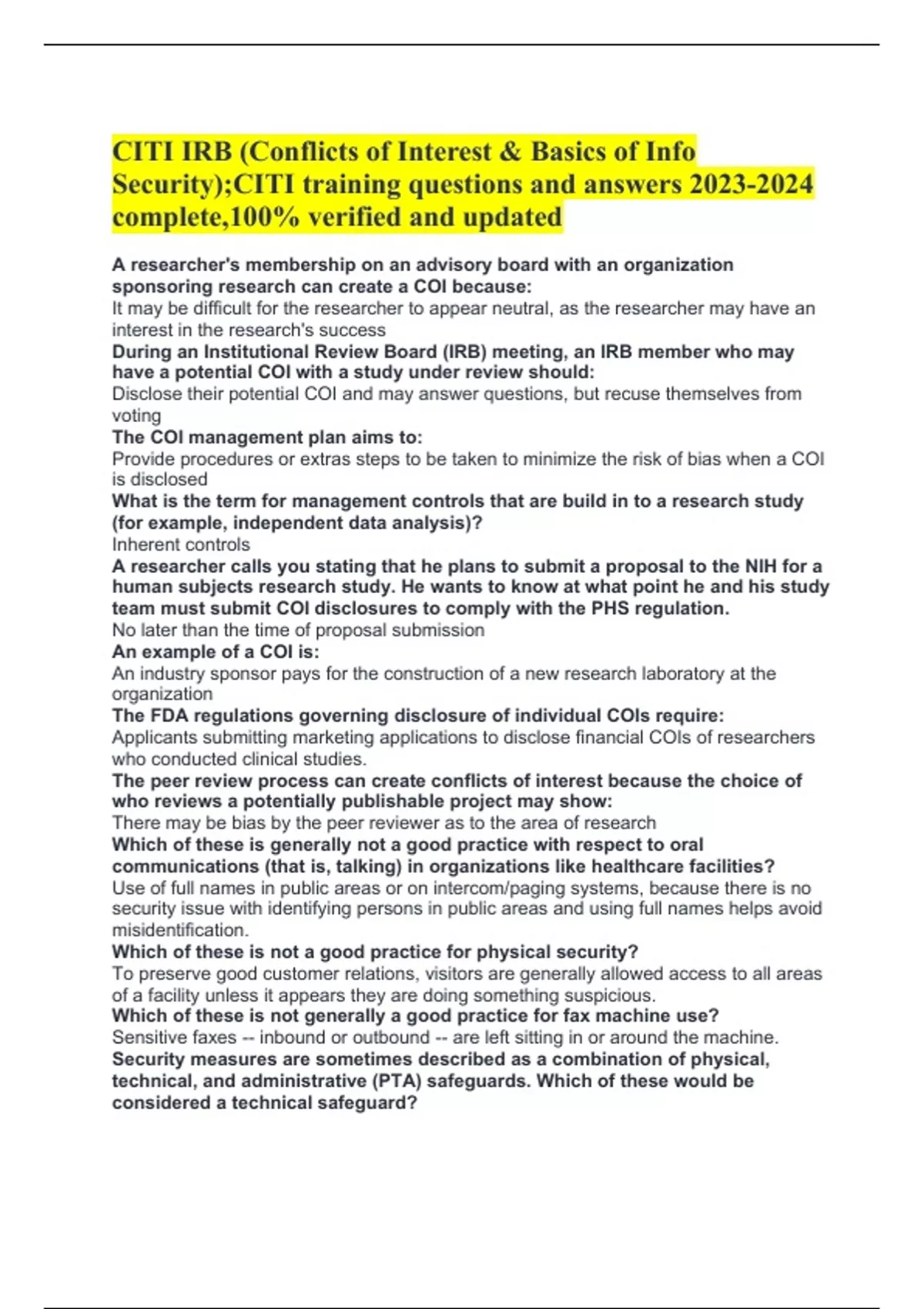 CITI IRB (Conflicts of Interest & Basics of Info Security);CITI training questions and answers ...