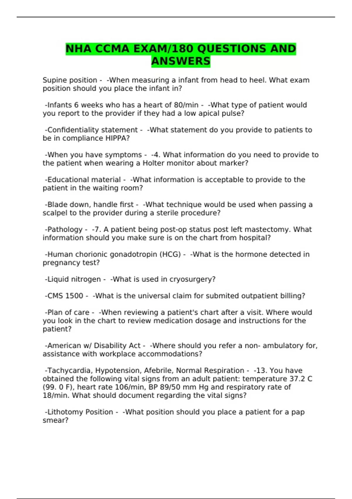 NHA CCMA EXAM/180 QUESTIONS AND ANSWERS - NHA CCMA EXAM/180 QUESTIONS ...