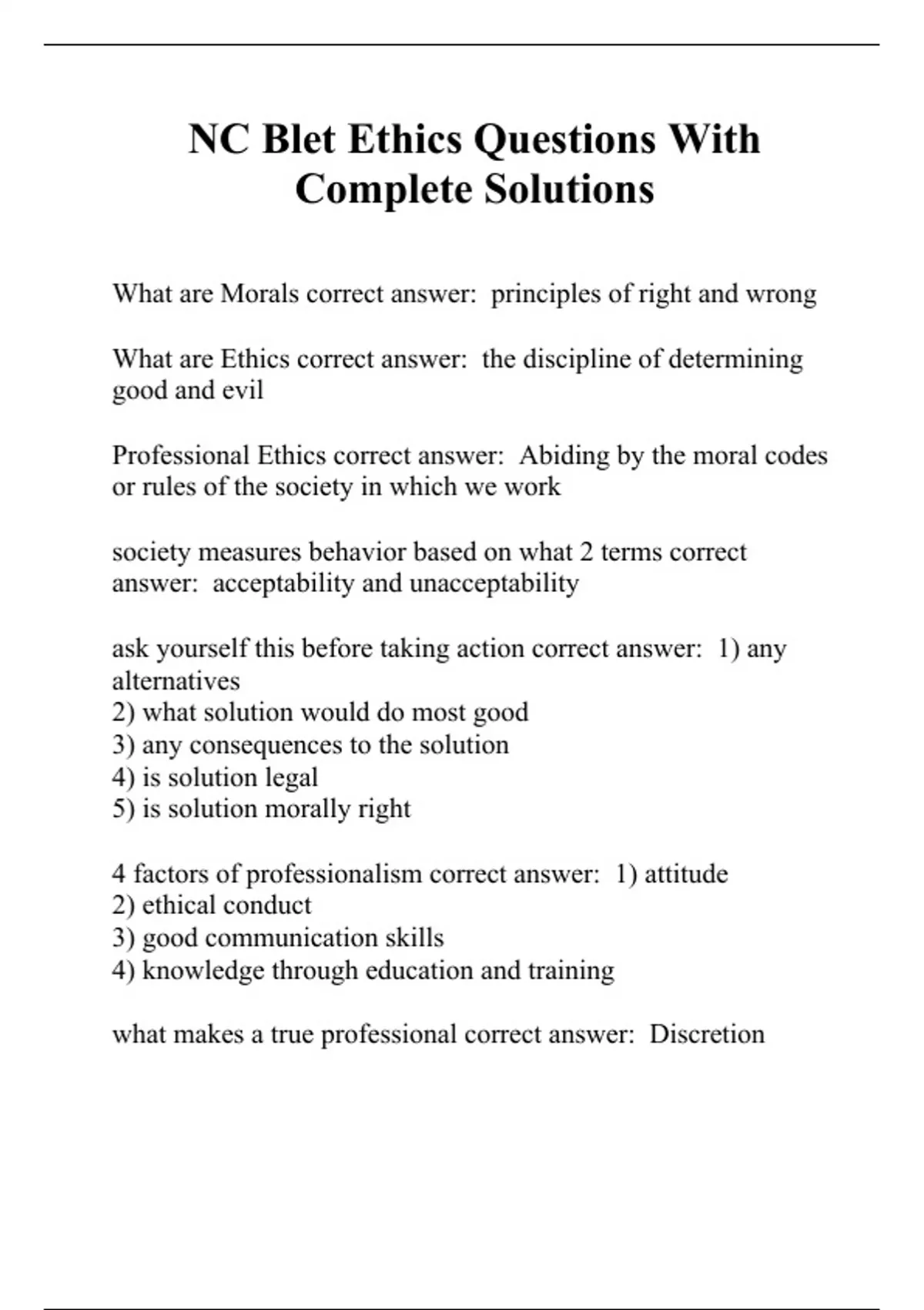 NC Blet Ethics Questions With Complete Solutions. - Nc blet - Stuvia US