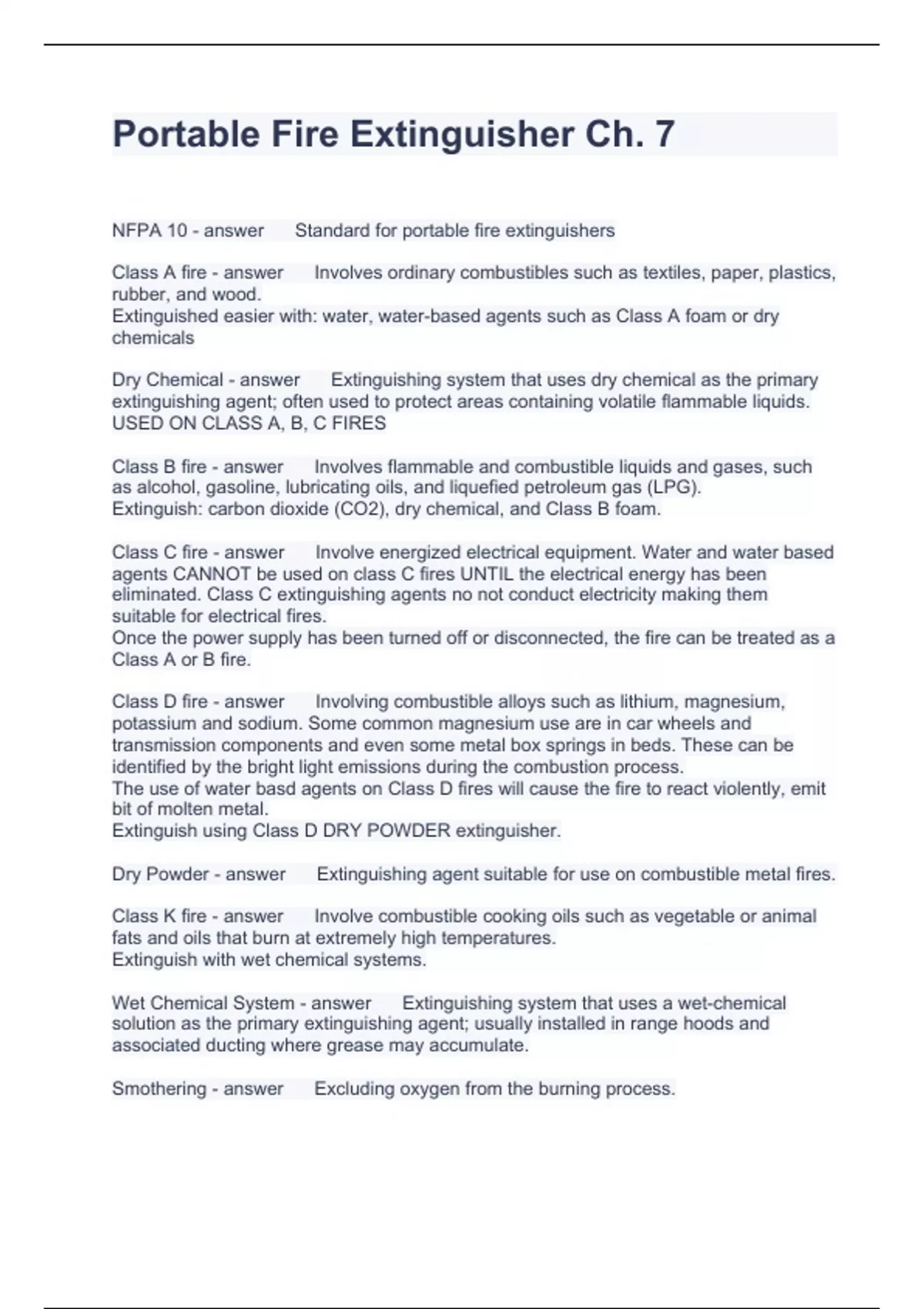 Portable Fire Extinguisher Ch Questions with correct Answers - Fire ...