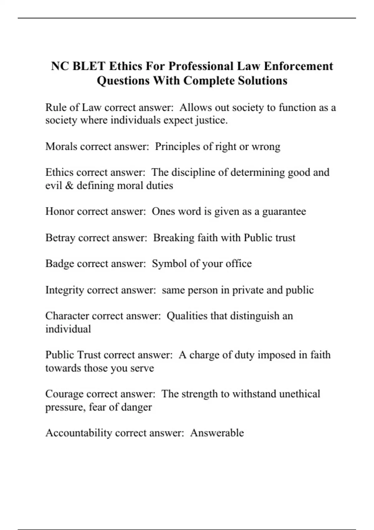 NC BLET Ethics For Professional Law Enforcement Questions With Complete ...