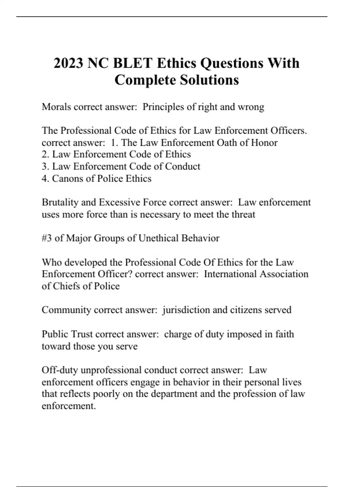 2023 NC BLET Ethics Questions With Complete Solution - Nc blet - Stuvia US