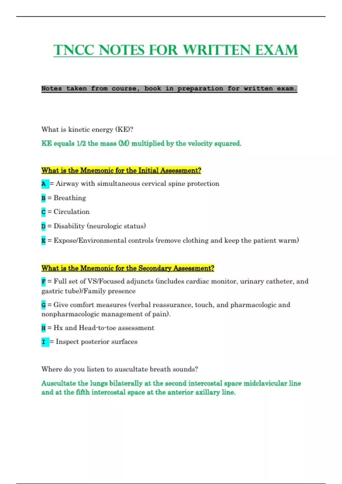 TNCC Notes for Written Exam Latest Update 2023 / 2024 - TNCC - Stuvia US