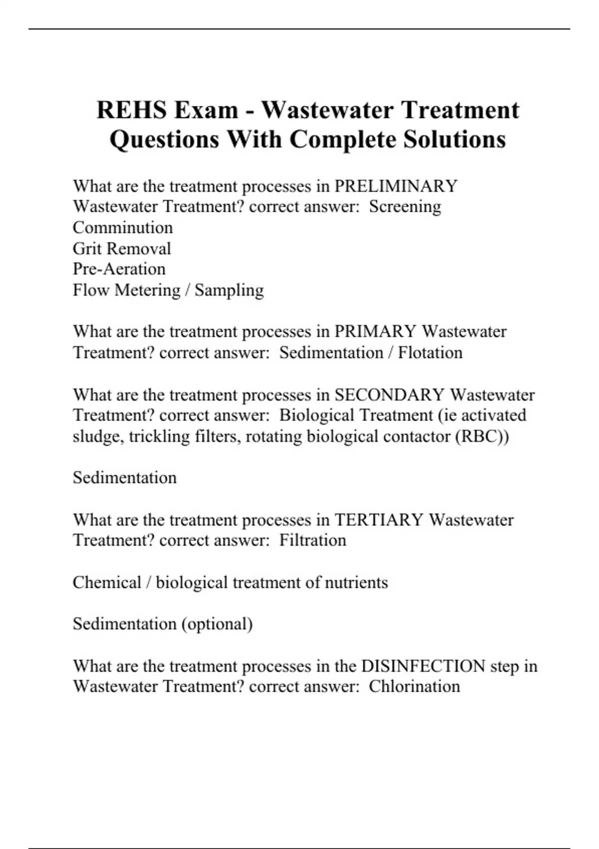 REHS Exam - Wastewater Treatment Questions With Complete Solutions ...