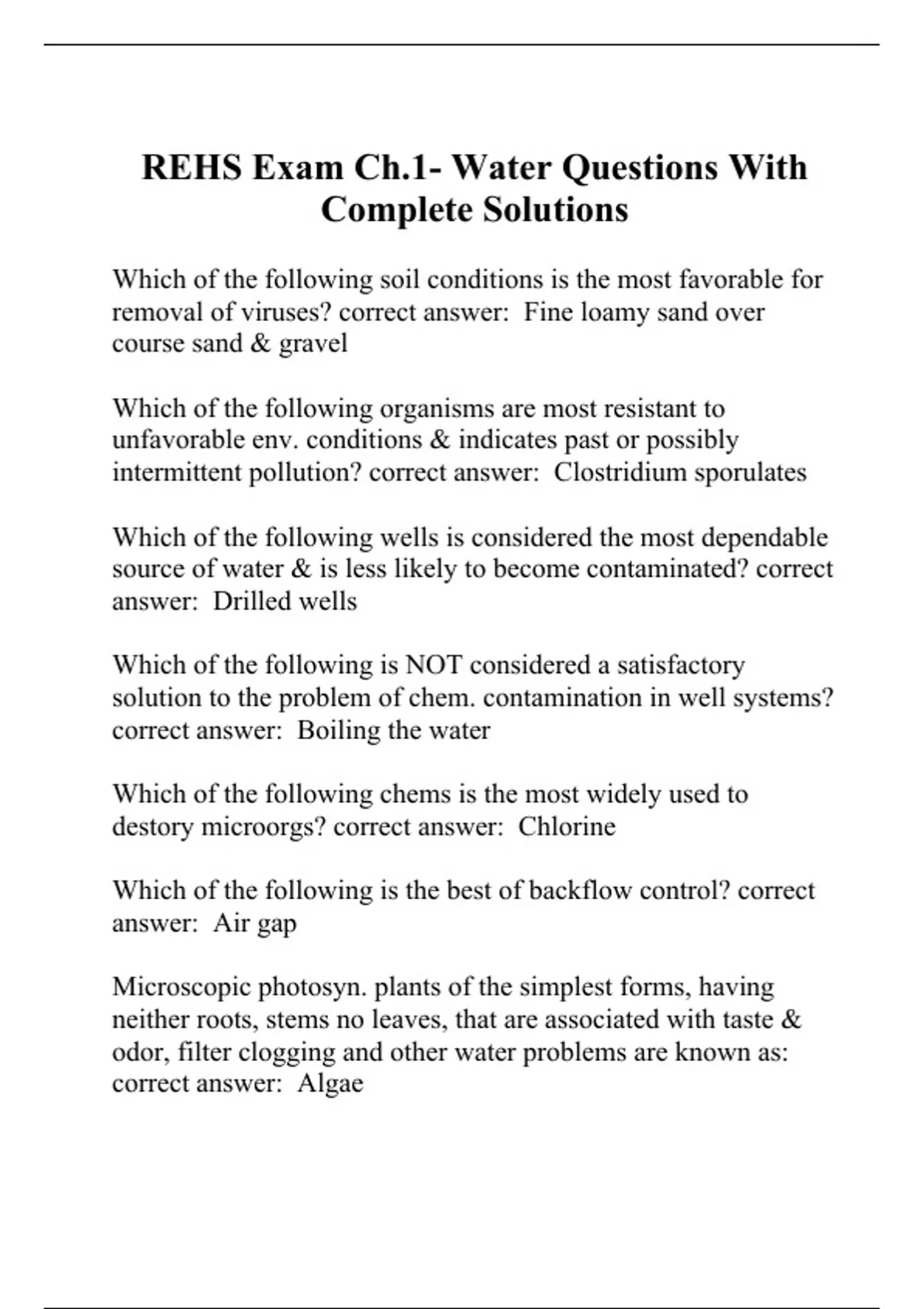 REHS Exam Ch.1- Water Questions With Complete Solutions - NEHA REHS/RS ...