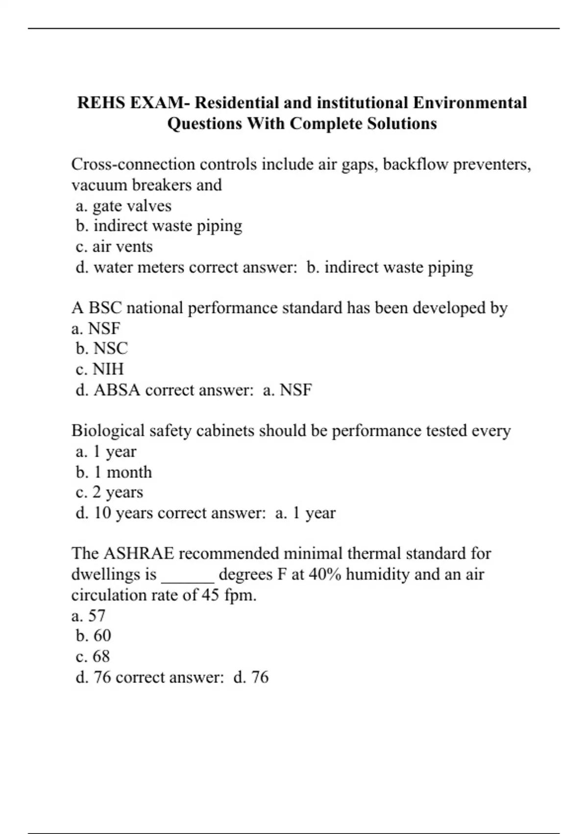 REHS EXAM- Residential and institutional Environmental Questions With ...