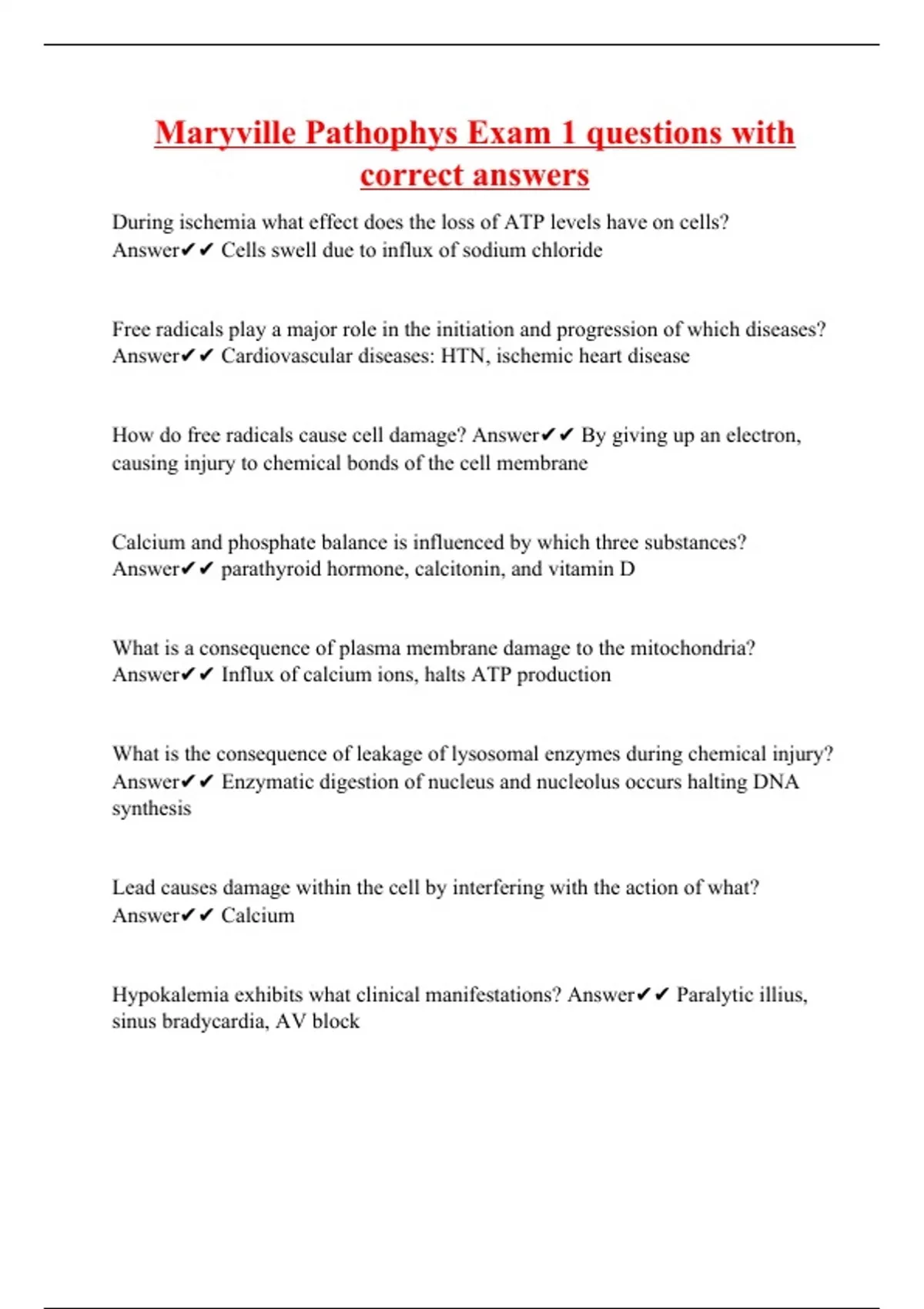 Maryville Pathophys Exam 1 questions with correct answers - Patho ...