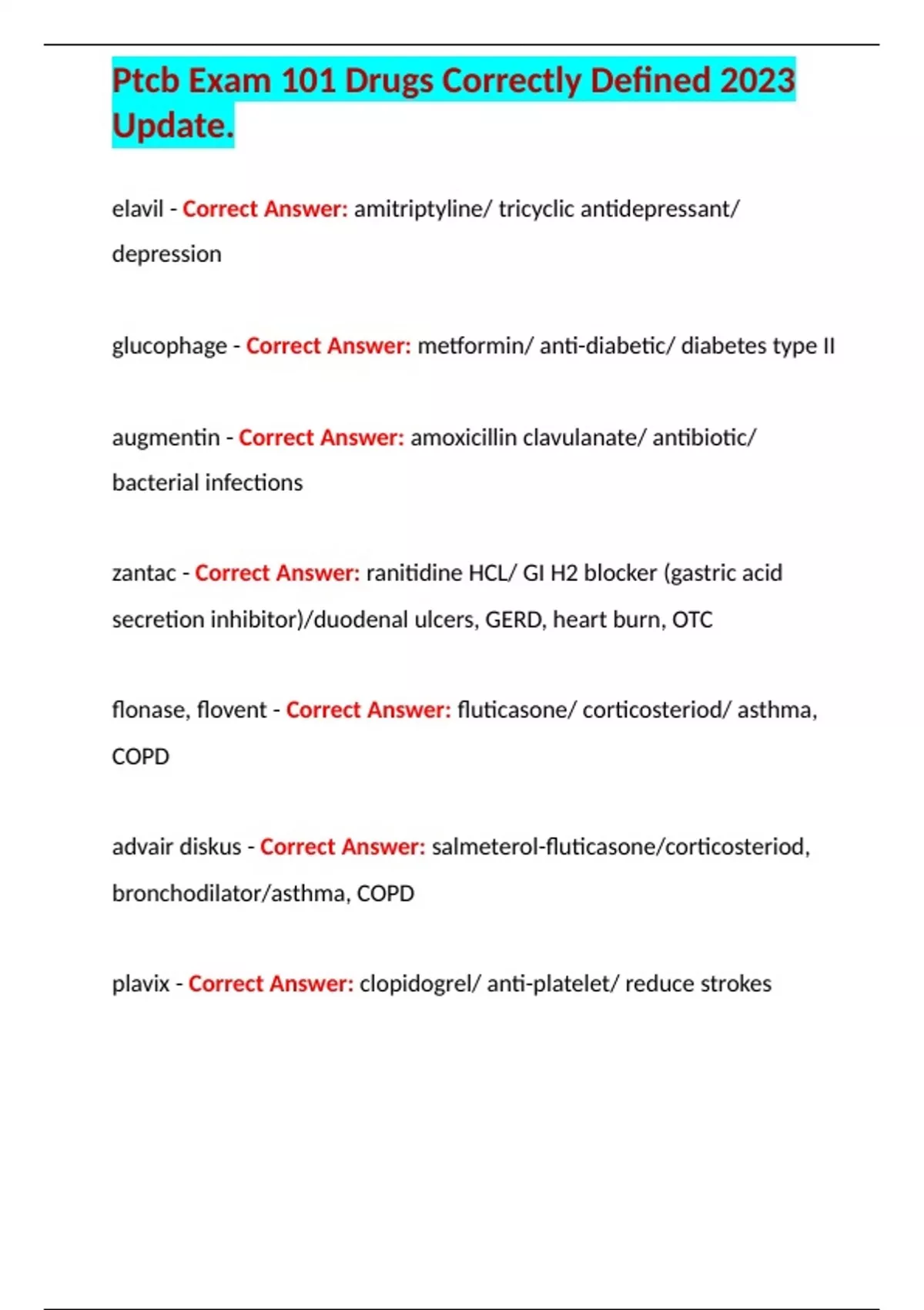 Ptcb Exam 101 Drugs Correctly Defined 2023 Update. - Ptcb Exm 101 Drugs ...