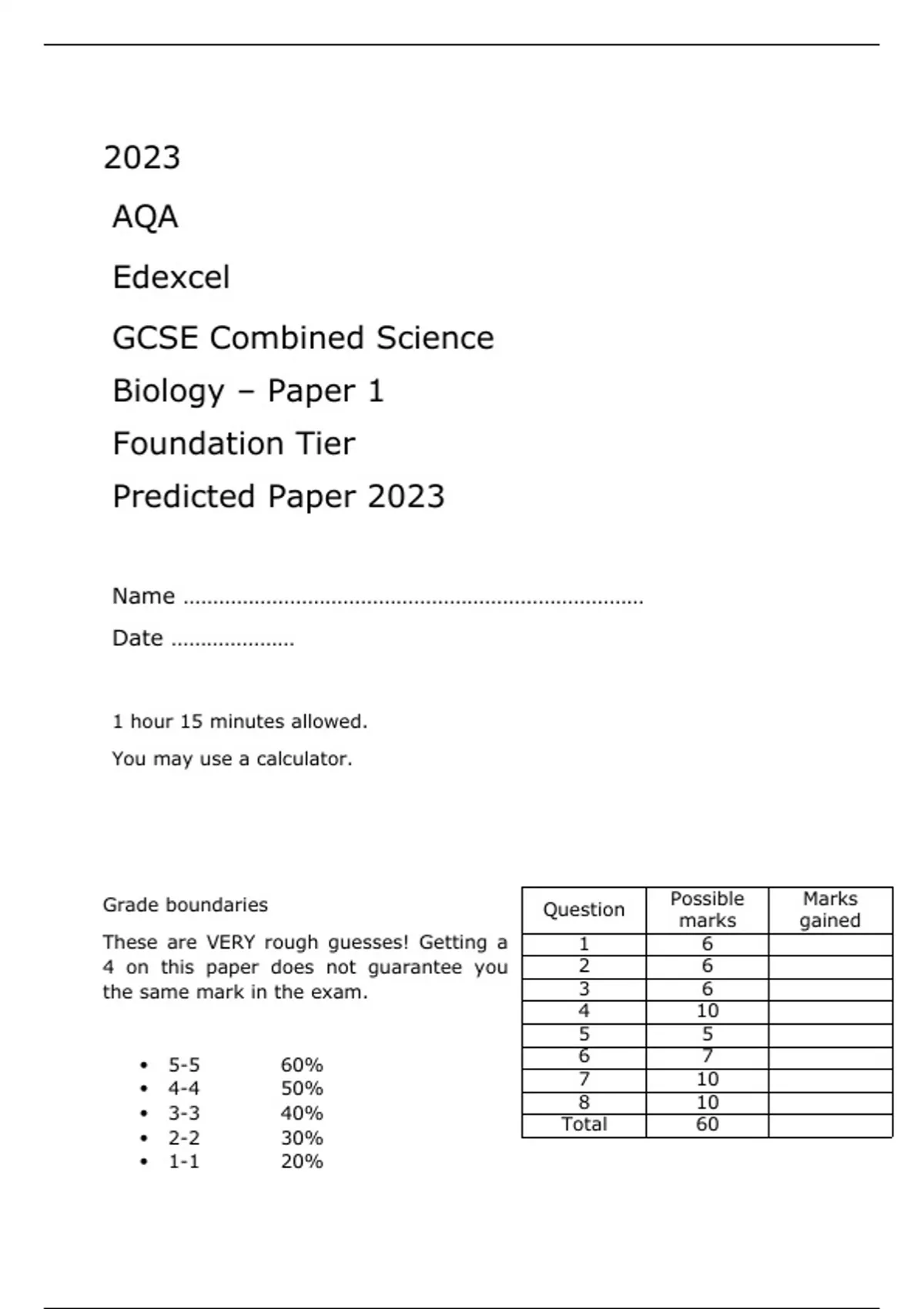AQA EDEXCEL GCSE COMBINED SCIENCE BIOLOGY FOUNDATION TIER PAPER 1 AND 2 ...