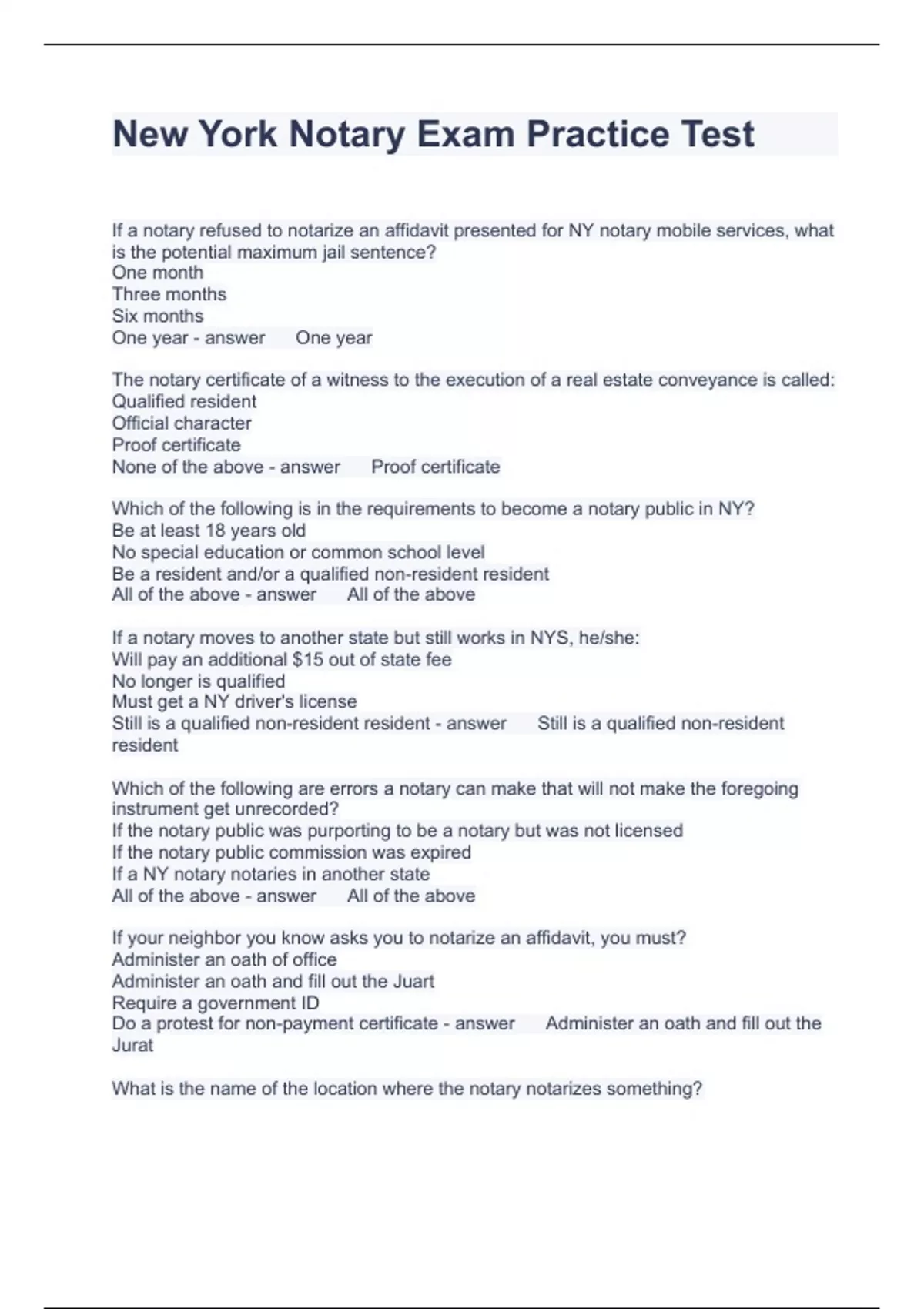 New York Notary Exam Practice Test Questions and Answers 100% correct ...