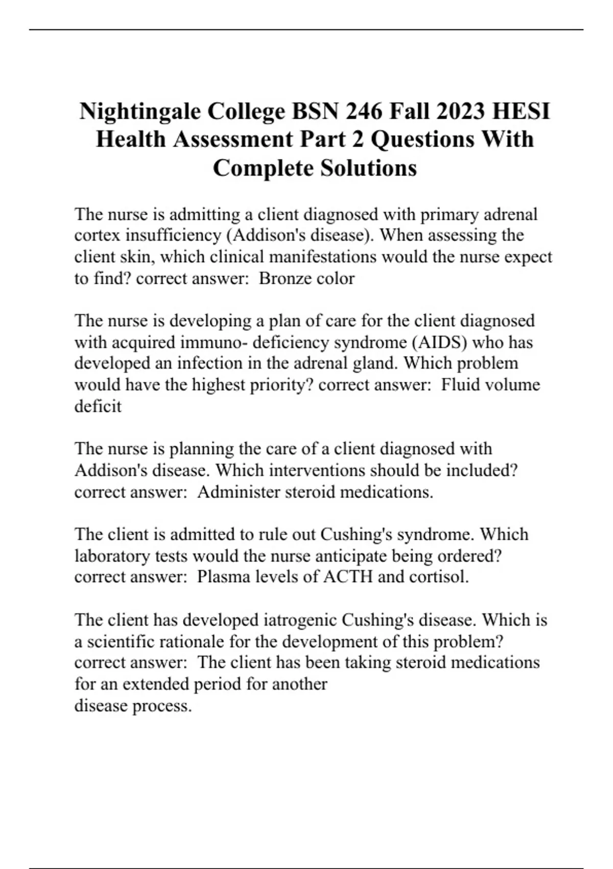 Nightingale College BSN 246 Fall 2023 HESI Health Assessment Part 2 Questions With Complete ...