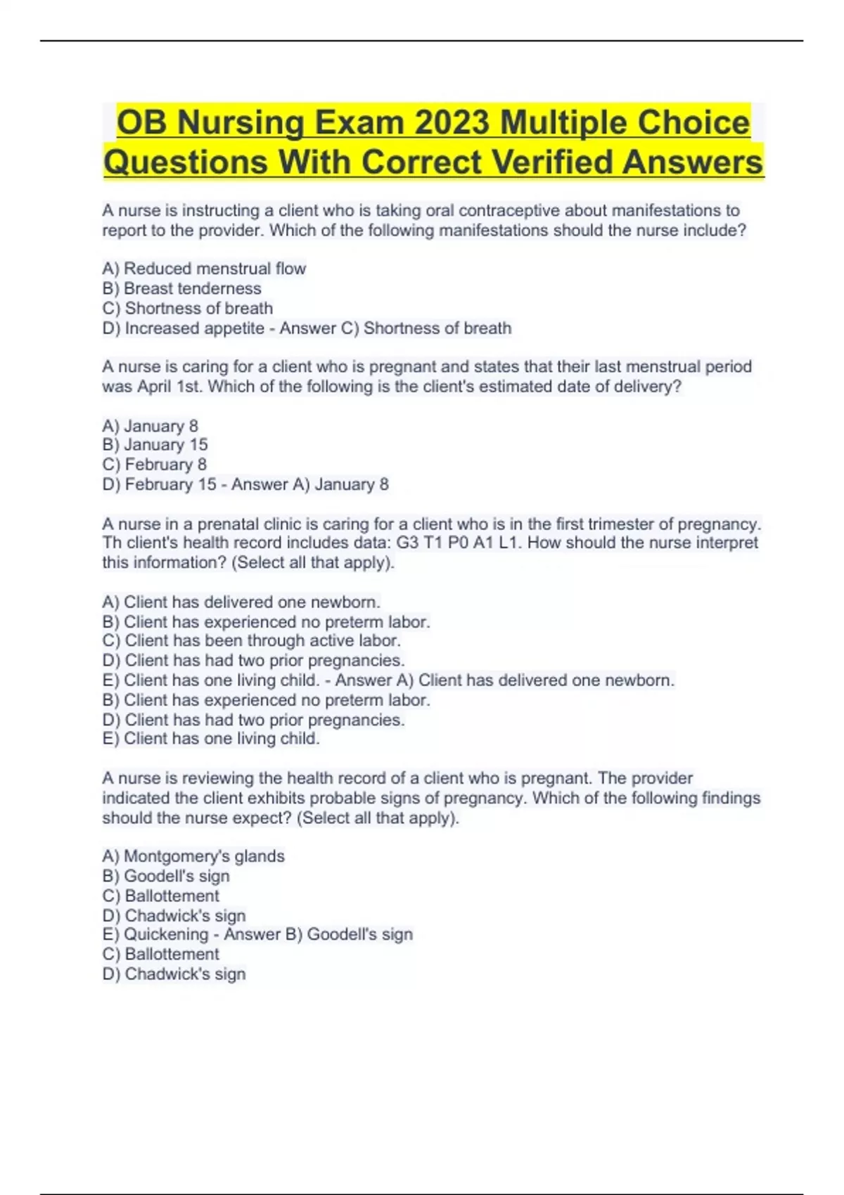 OB Nursing Exam 2023 Multiple Choice Questions With Correct Verified ...