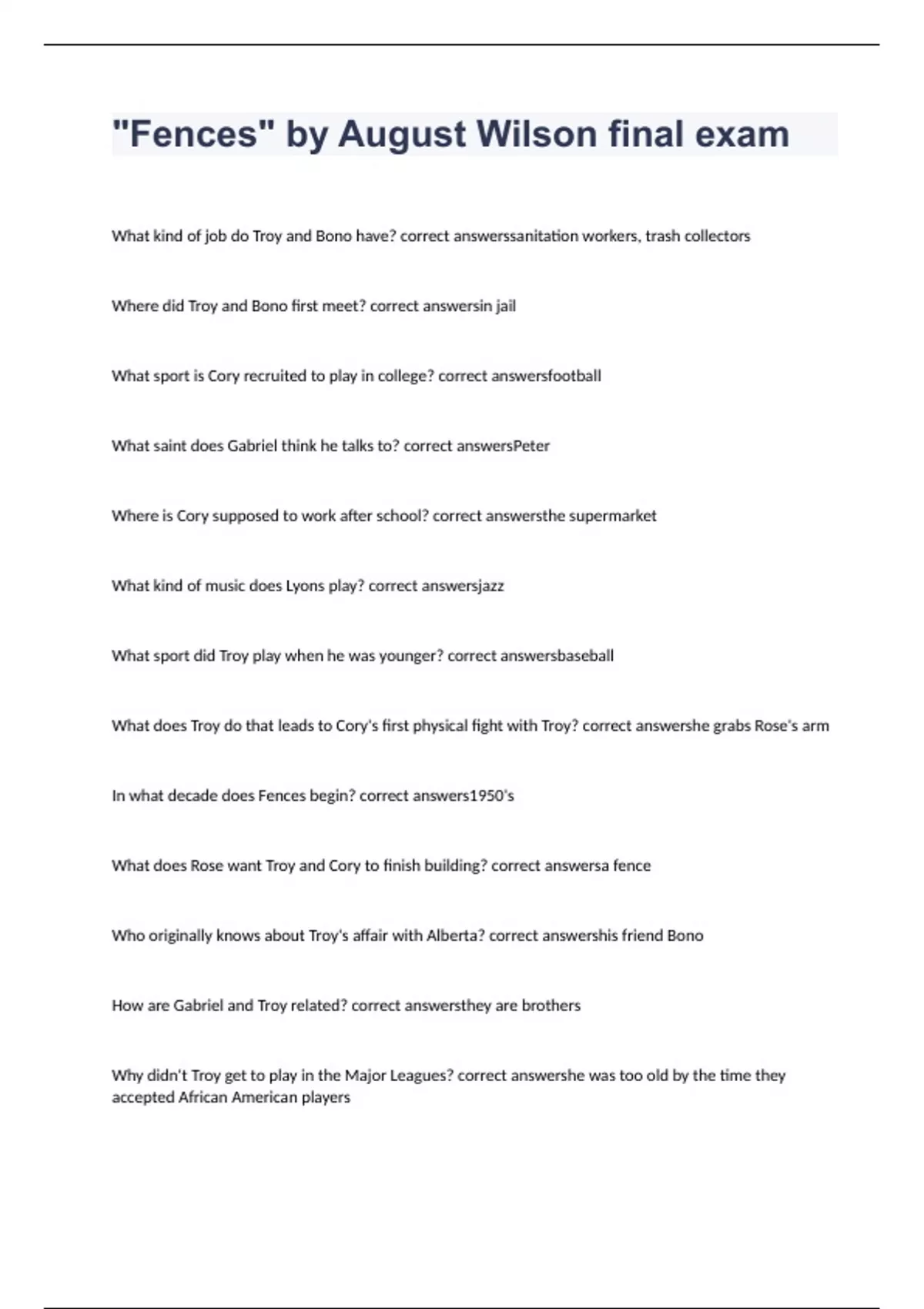 "Fences" by August Wilson final exam 2023 with complete answers ...