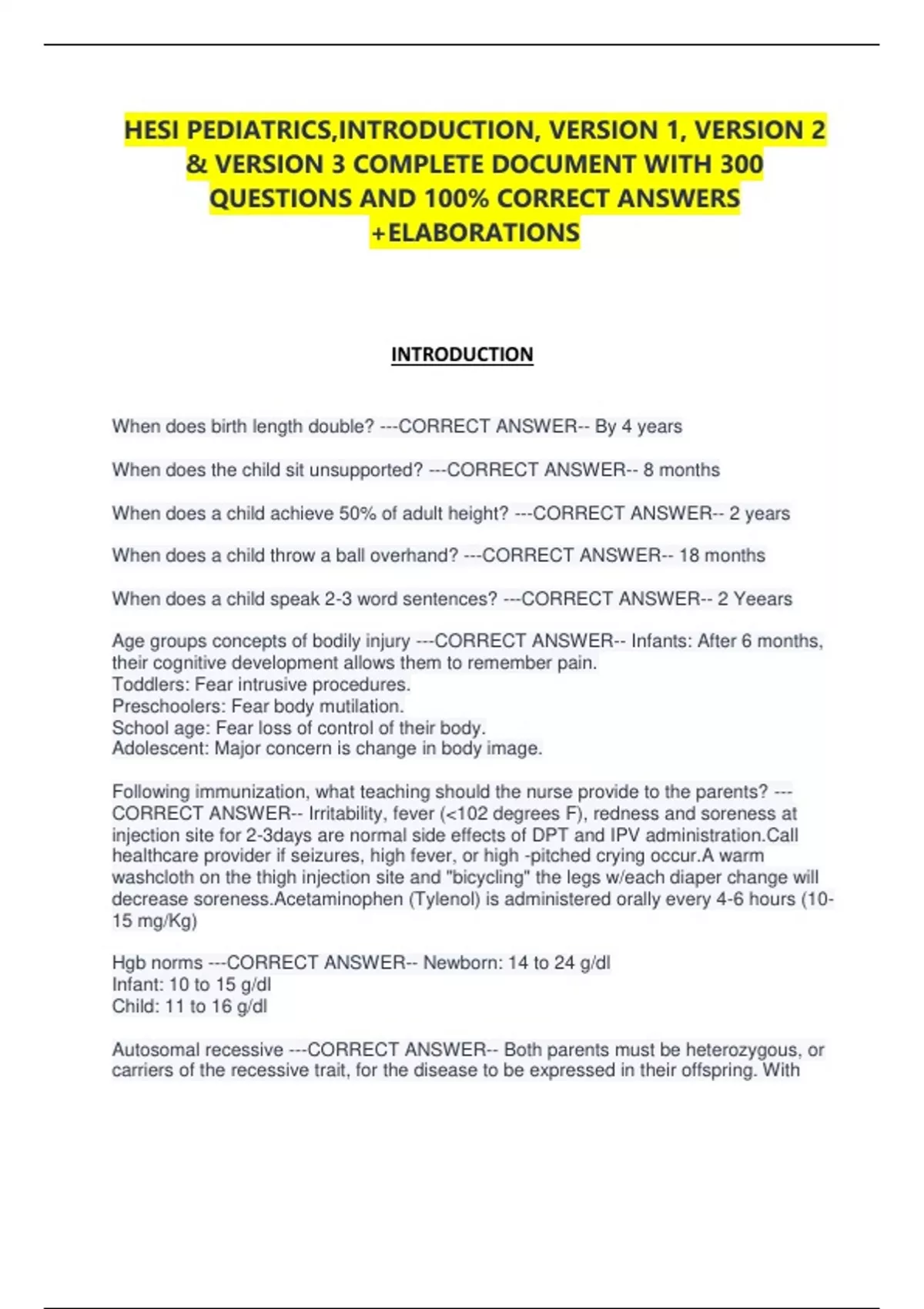 HESI PEDIATRICS,INTRODUCTION, VERSION 1, VERSION 2 & VERSION 3 COMPLETE ...