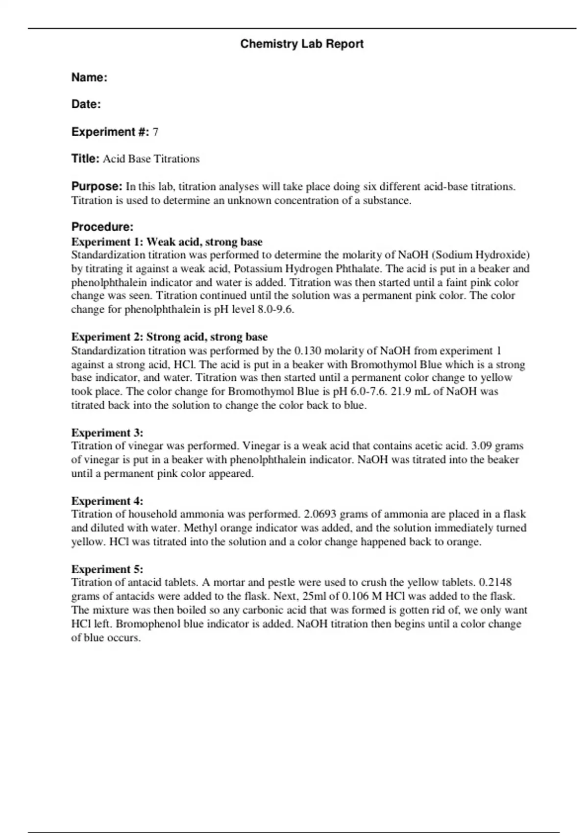 CHEM 121 Lab Report 7: Acid Base Titrations - CHEM 121 - Stuvia US