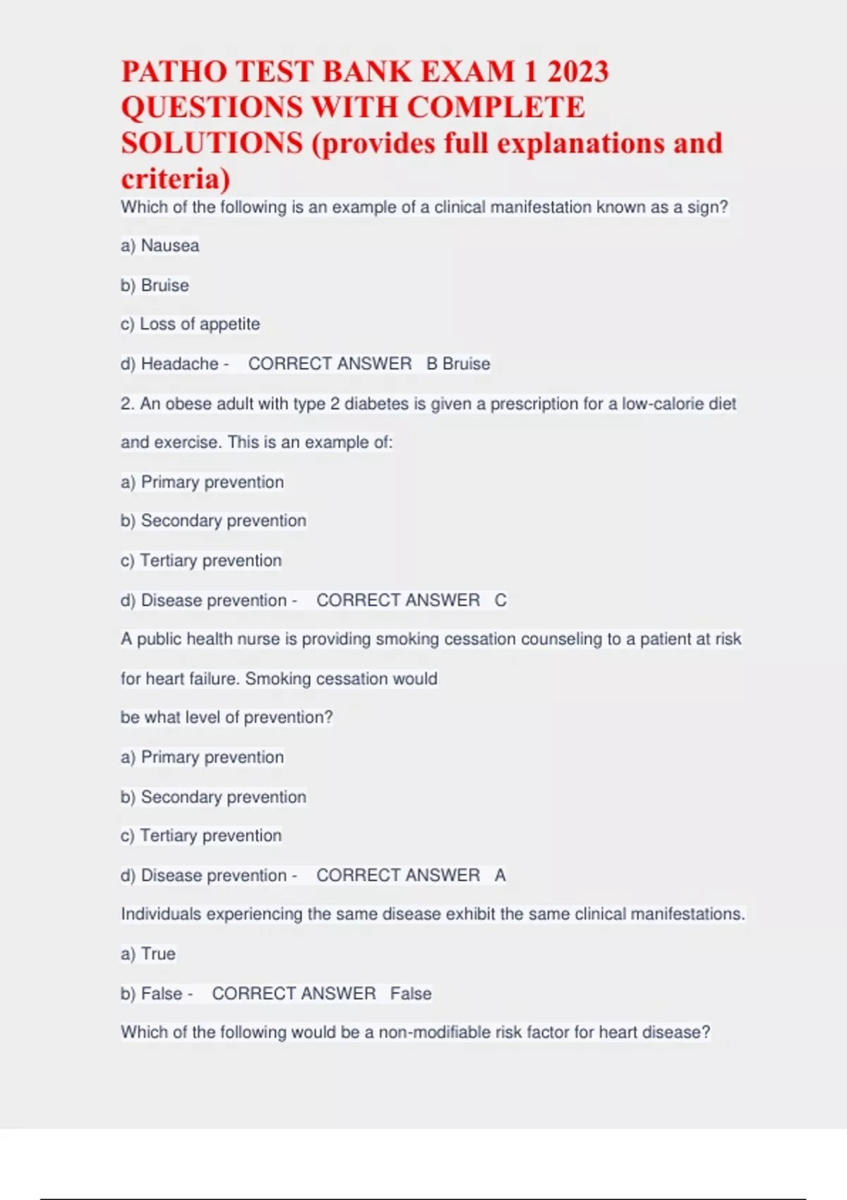 PATHO TEST BANK EXAM 1 2023 QUESTIONS WITH COMPLETE SOLUTIONS (provides ...