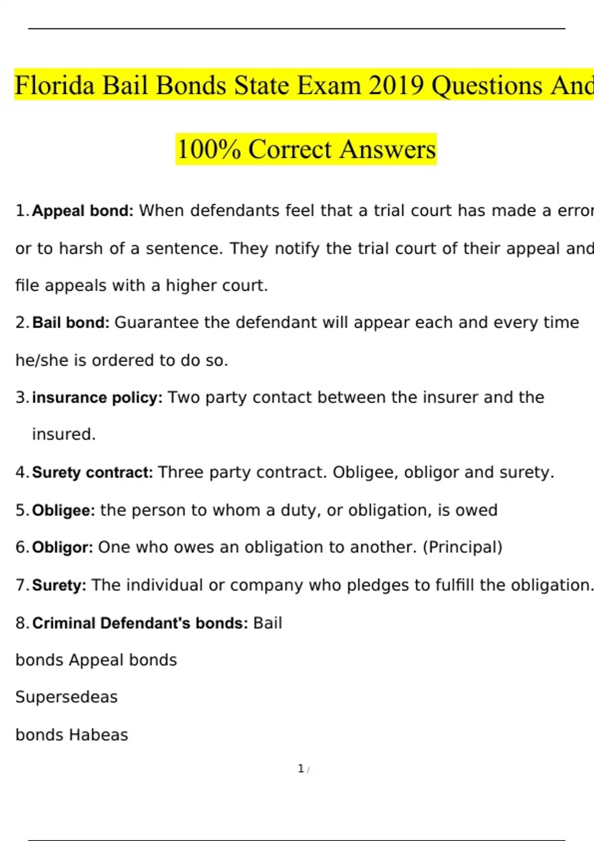 Florida Bail Bonds State Exam Questions and Answers 100% Correct ...