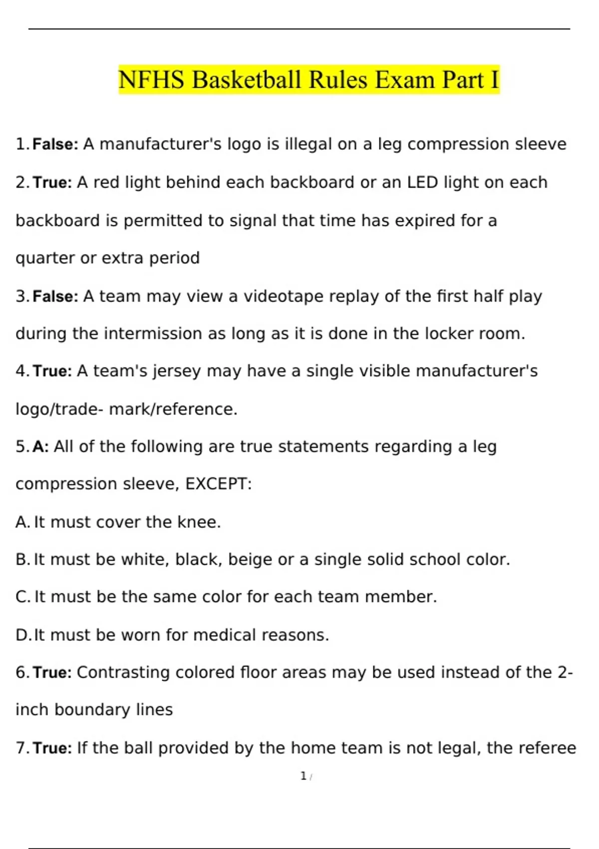 NFHS Basketball Rules Exam Part I Correctly Answered!! - NFHS Basketball - Stuvia US