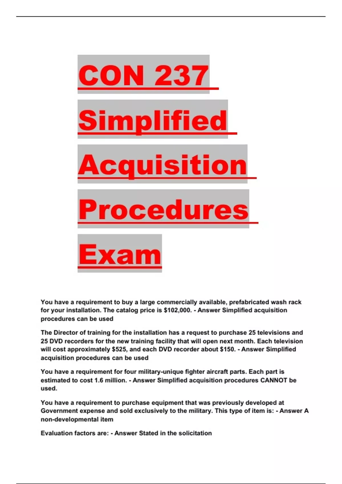 CON 237 Simplified Acquisition Procedures Exam Complete Solution - Con ...