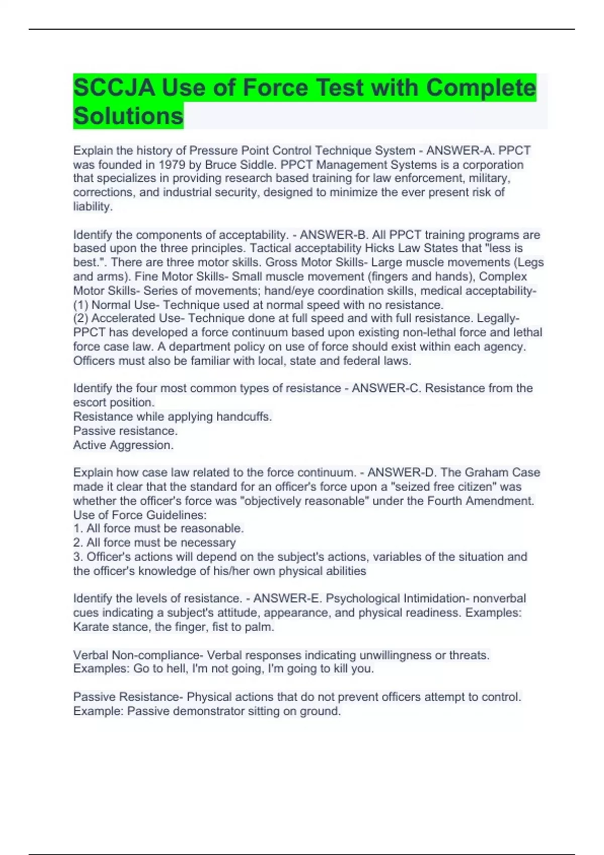 SCCJA Use of Force Test with Complete Solutions - SCCJA - Stuvia US