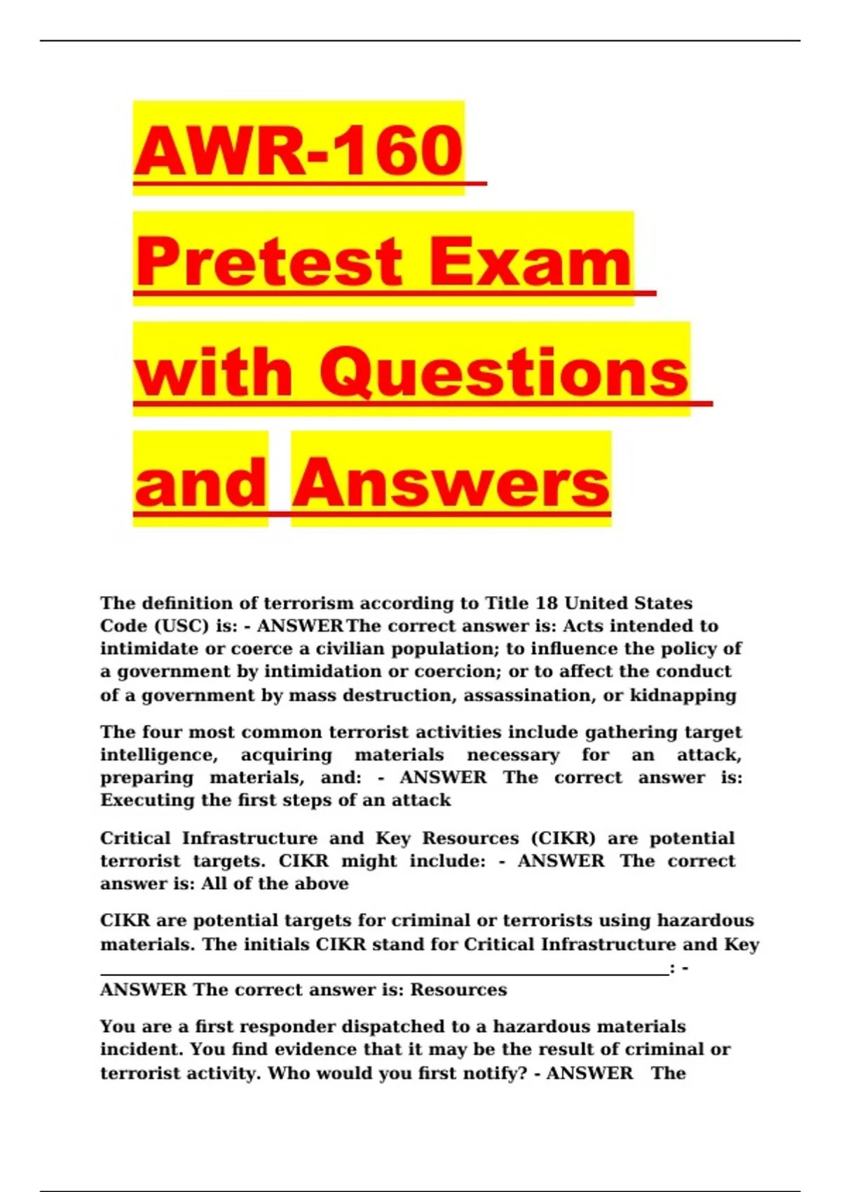 AWR-160 Pretest Answers(AWR-160-W WMD/Terrorism Awareness for Emergency ...