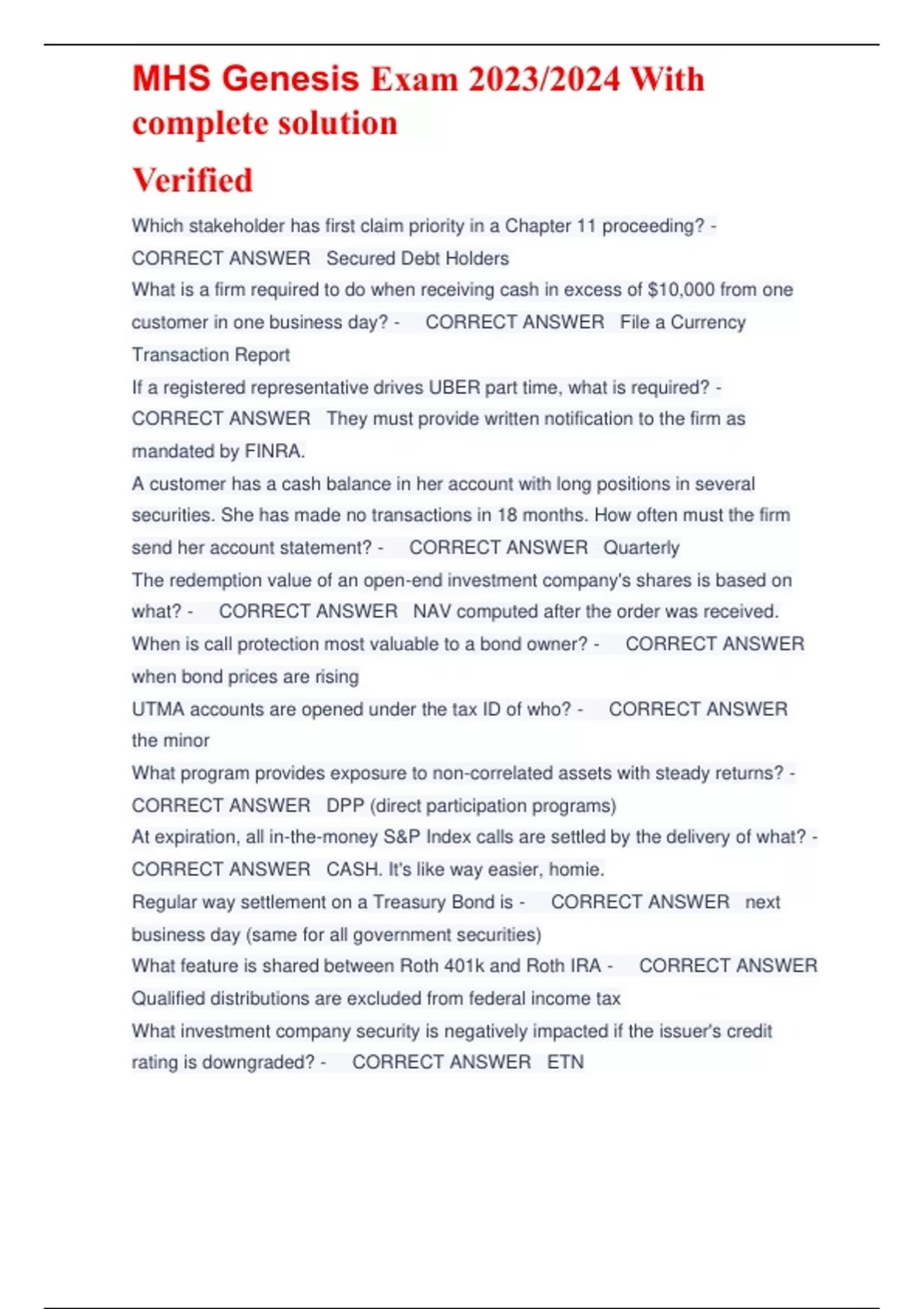 MHS Genesis Exam 2023/2024 With complete solution Verified - MHS Genesis - Stuvia US