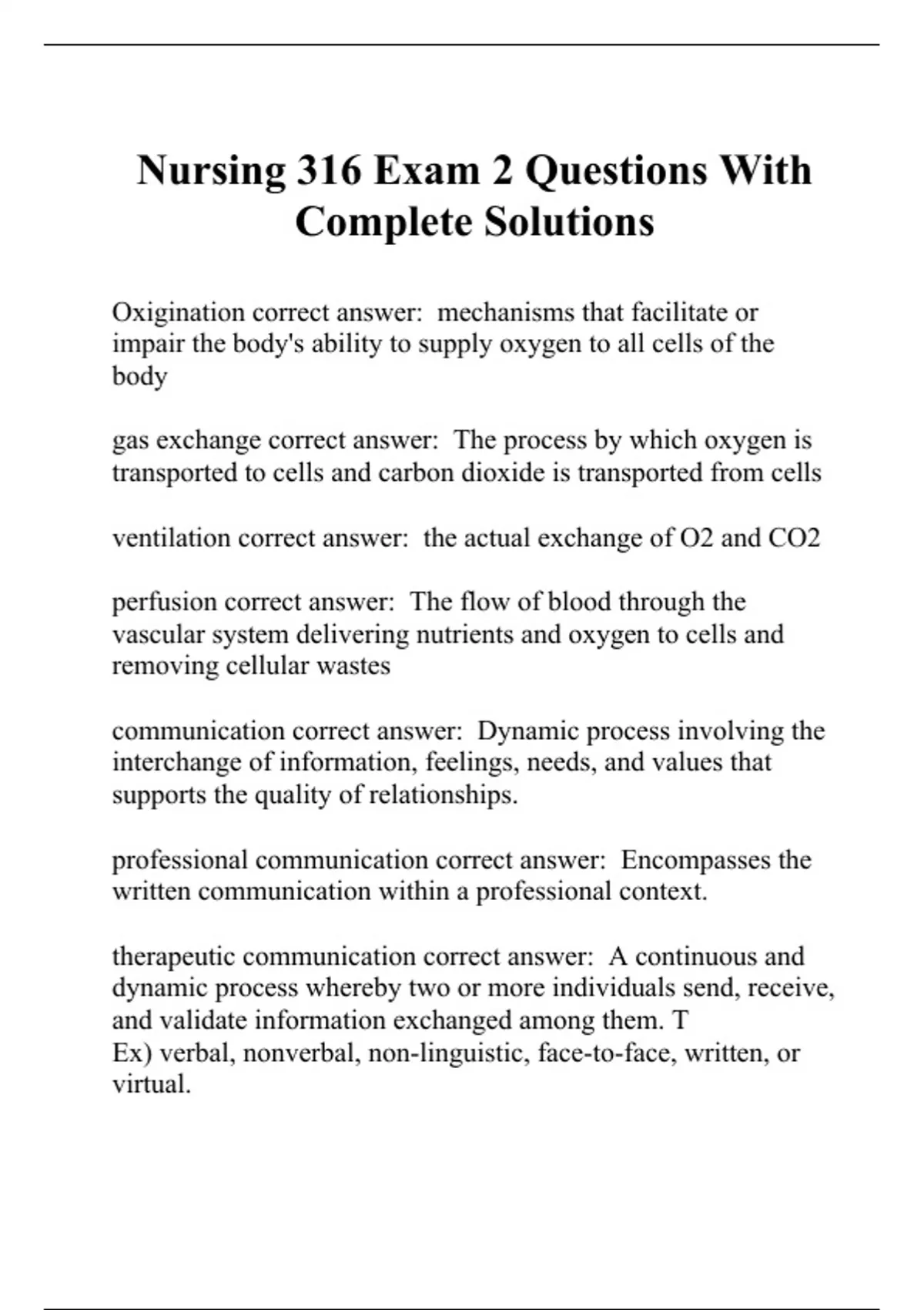 Nursing 316 Exam 2 Questions With Complete Solutions - NURS 316 - Stuvia US