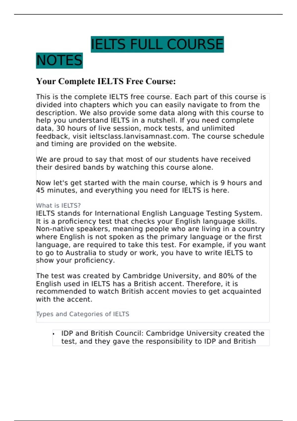 Summary IELTS FULL course - IELTS - Stuvia US